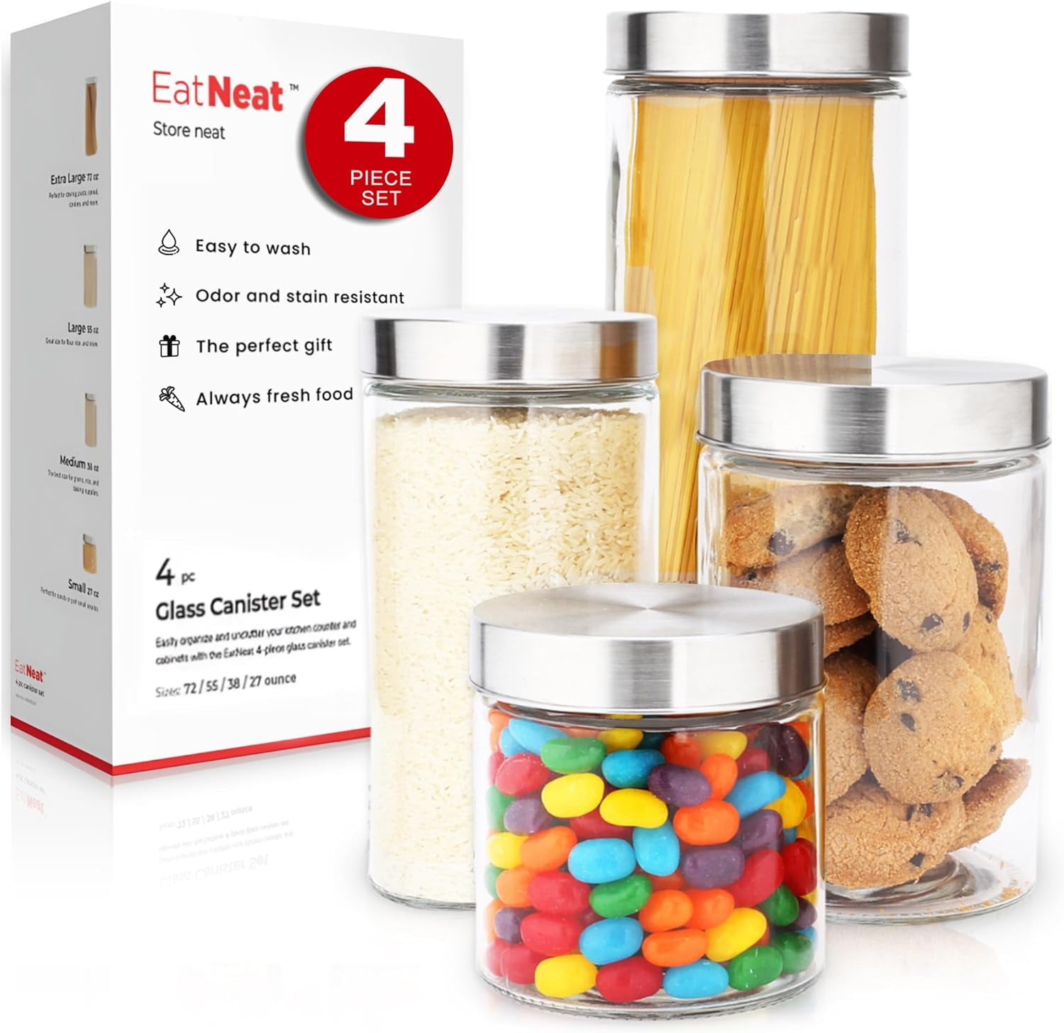 4-Piece Sleek Glass Canister Set with Brushed Stainless Steel Lids ...