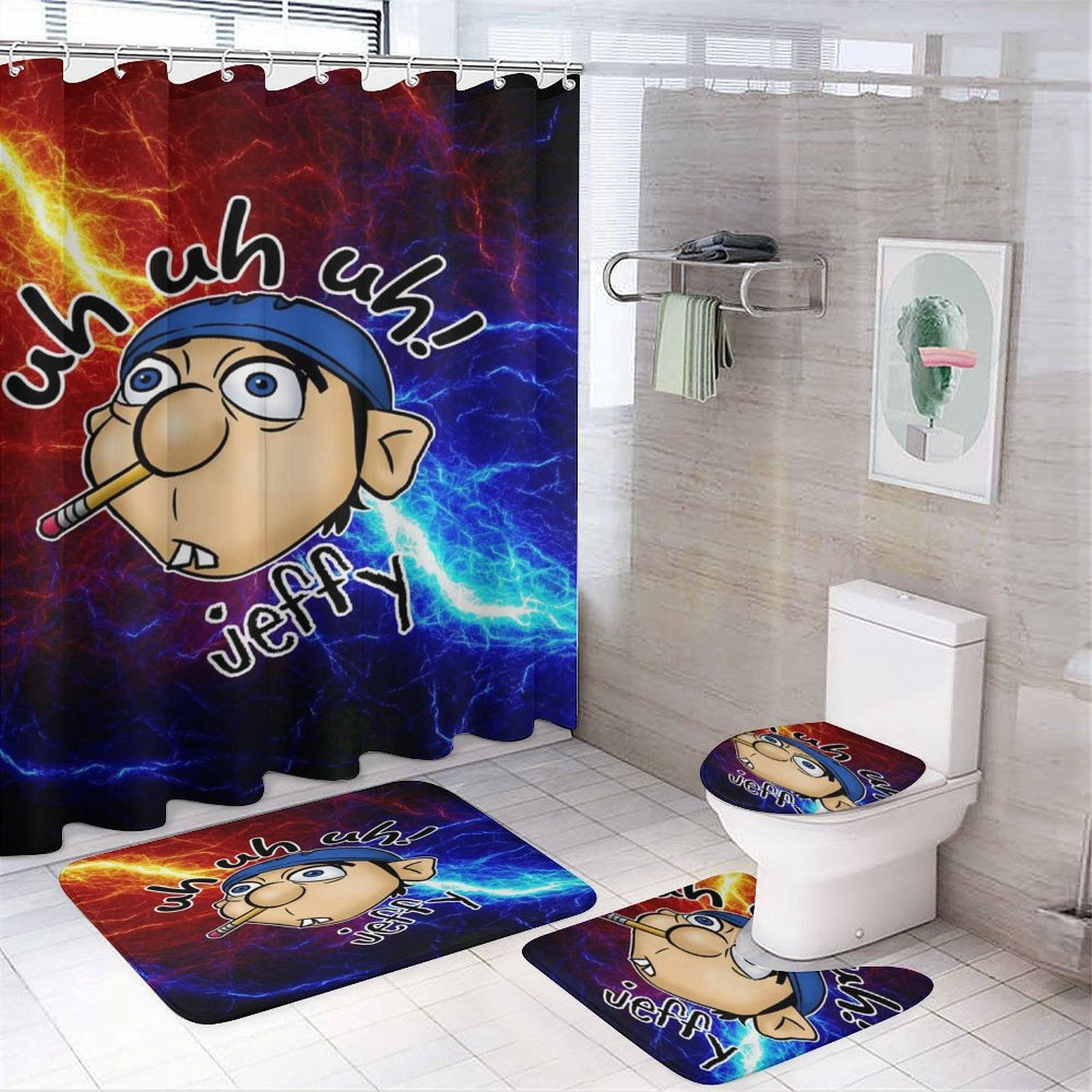 4 Piece Sml Cartoon Jef-,fy Shower Curtain Sets with Rugs, Toilet Lid ...