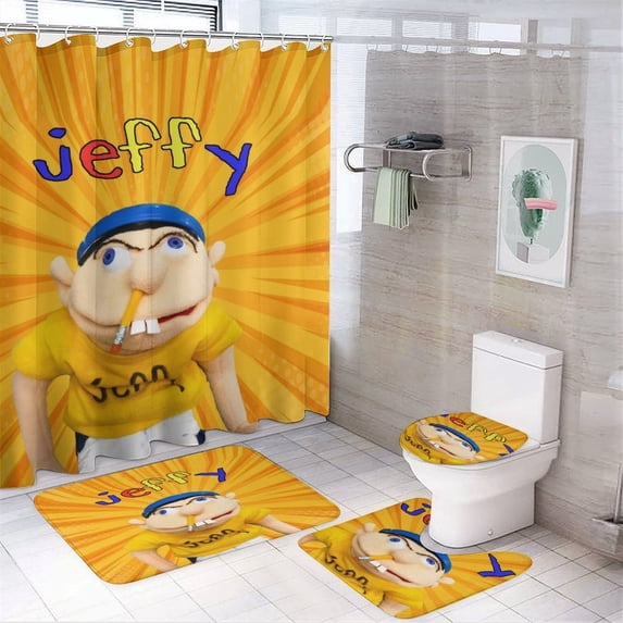 4 Piece Sml Cartoon Jef-,fy Shower Curtain Sets with Rugs, Toilet Lid ...