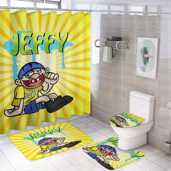 4 Piece Sml Cartoon Jef-,fy Shower Curtain Sets with Rugs, Toilet Lid ...