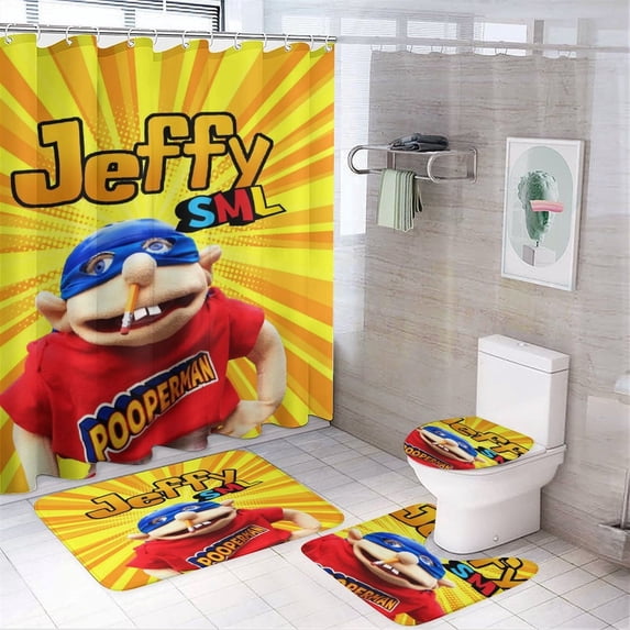 4 Piece Sml Cartoon Jef-,fy Shower Curtain Sets with Rugs, Toilet Lid ...