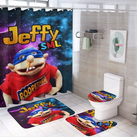 4 Piece Sml Cartoon Jef-,fy Shower Curtain Sets with Rugs, Toilet Lid ...