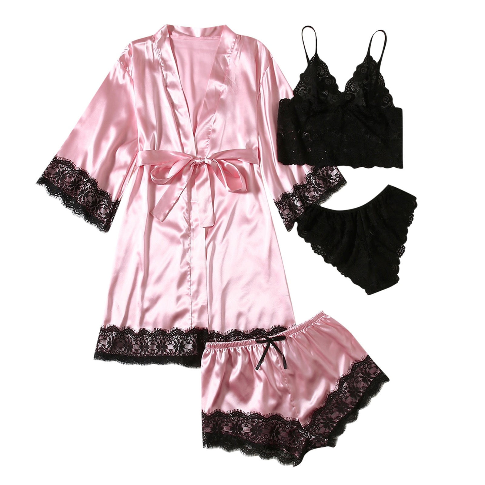 4-Piece Soft Satin Pajamas Set for Women with Robe Lace Trim Cami ...