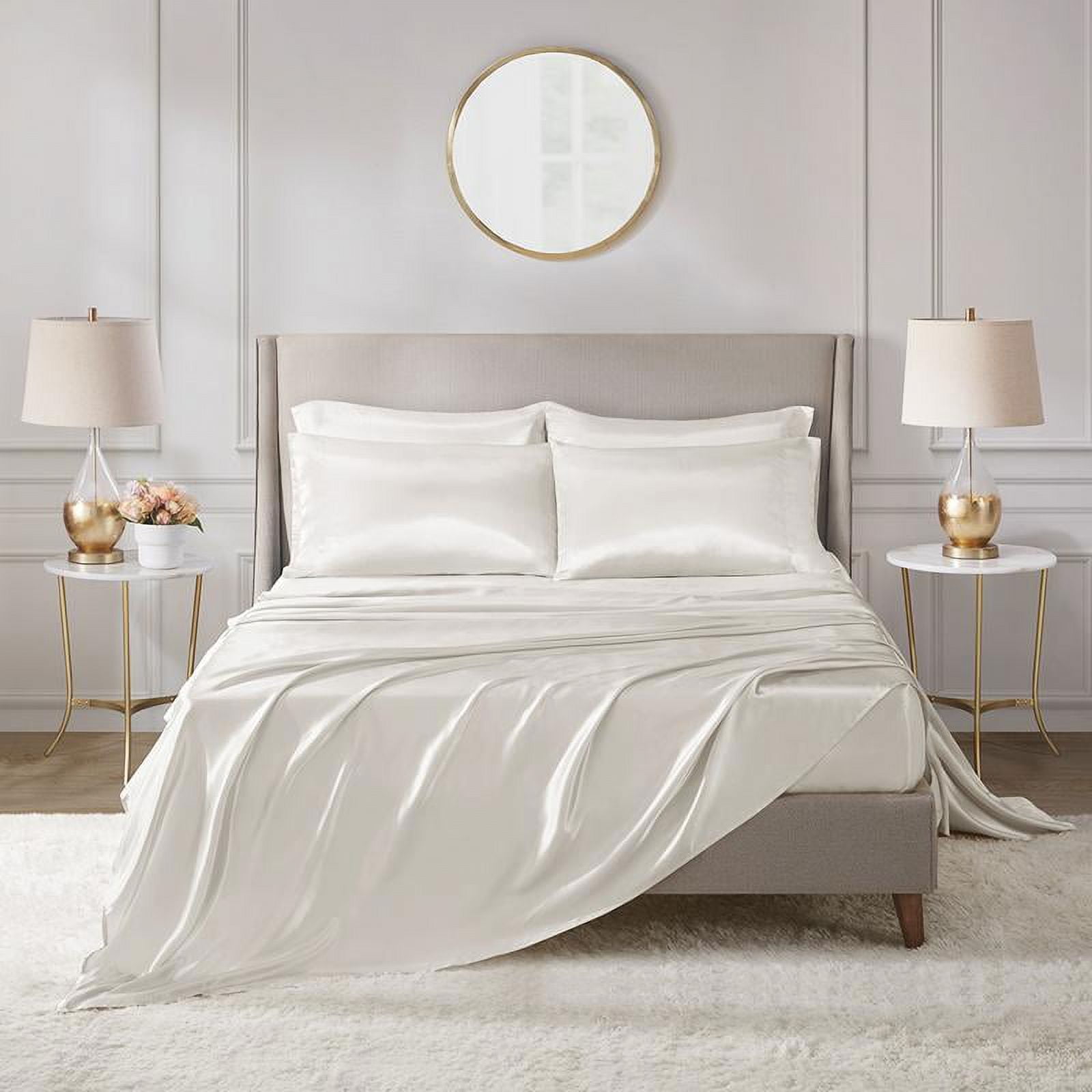 4 Piece Solid Color Satin Sheet Set (1*Flat Sheet + 1* Fitted Sheet + 2 ...