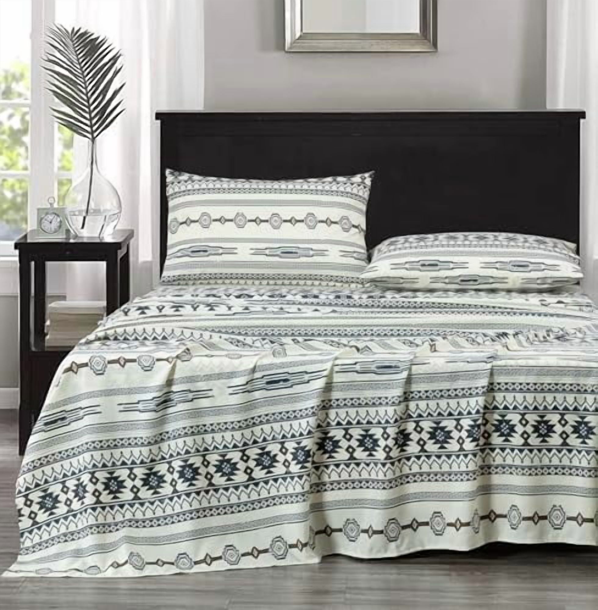 4-Piece Southwestern Tribal Lodge Bed Sheet Set, Full Size - Ivory Navy ...