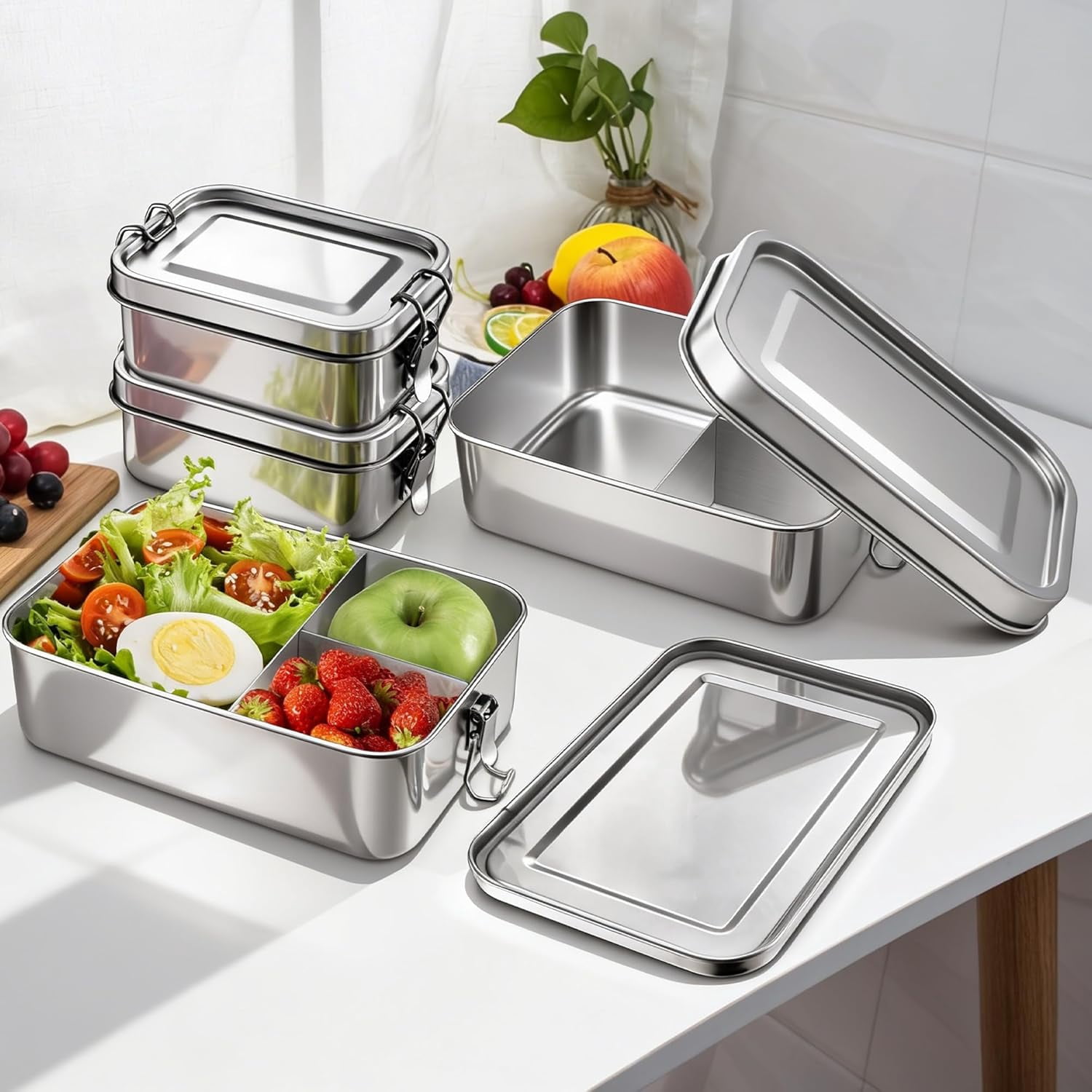 4-Piece Stainless Steel Bento Box Set - Large 2400ml Leak-Proof Lunch ...