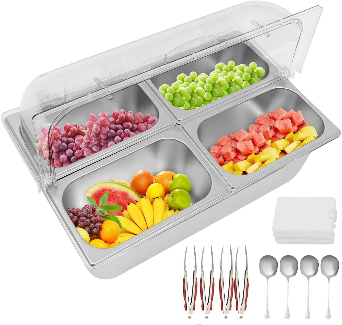 4 Piece Stainless Steel Condiment Serving Container Ice Cooled with Lid ...