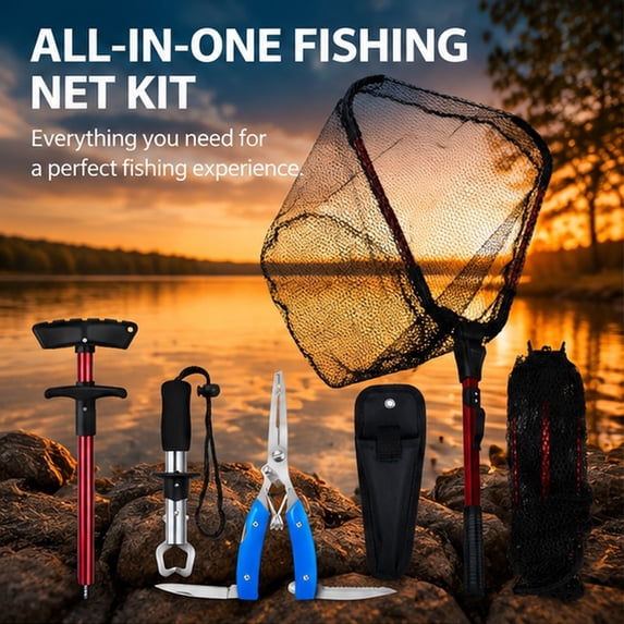4-Piece Stainless Steel Fishing Tool Kit – Landing Net, Pliers, Fish ...