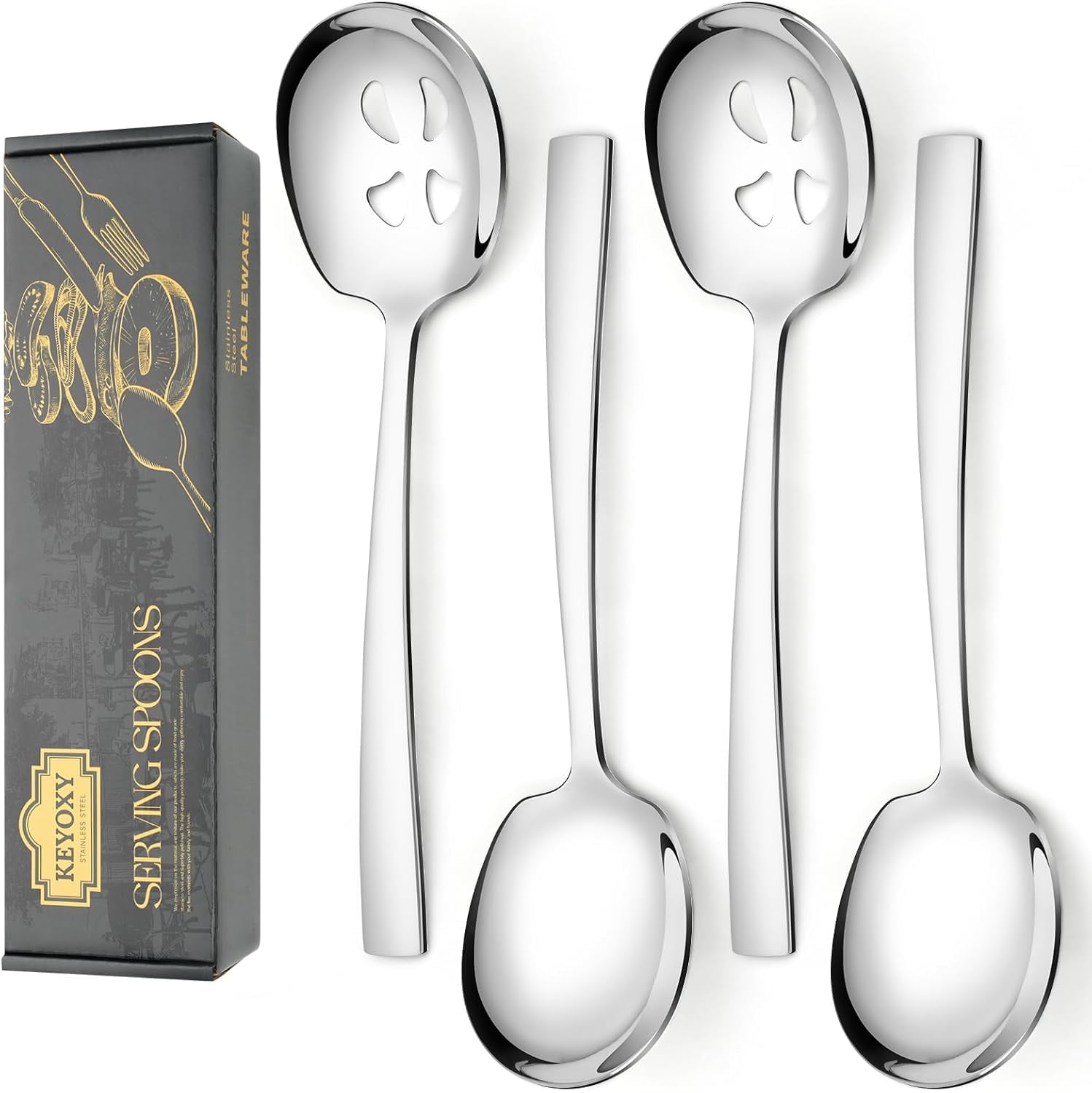 4 Piece Stainless Steel Serving Spoons Set - 2 Large, 2 Slotted, 9.2 ...