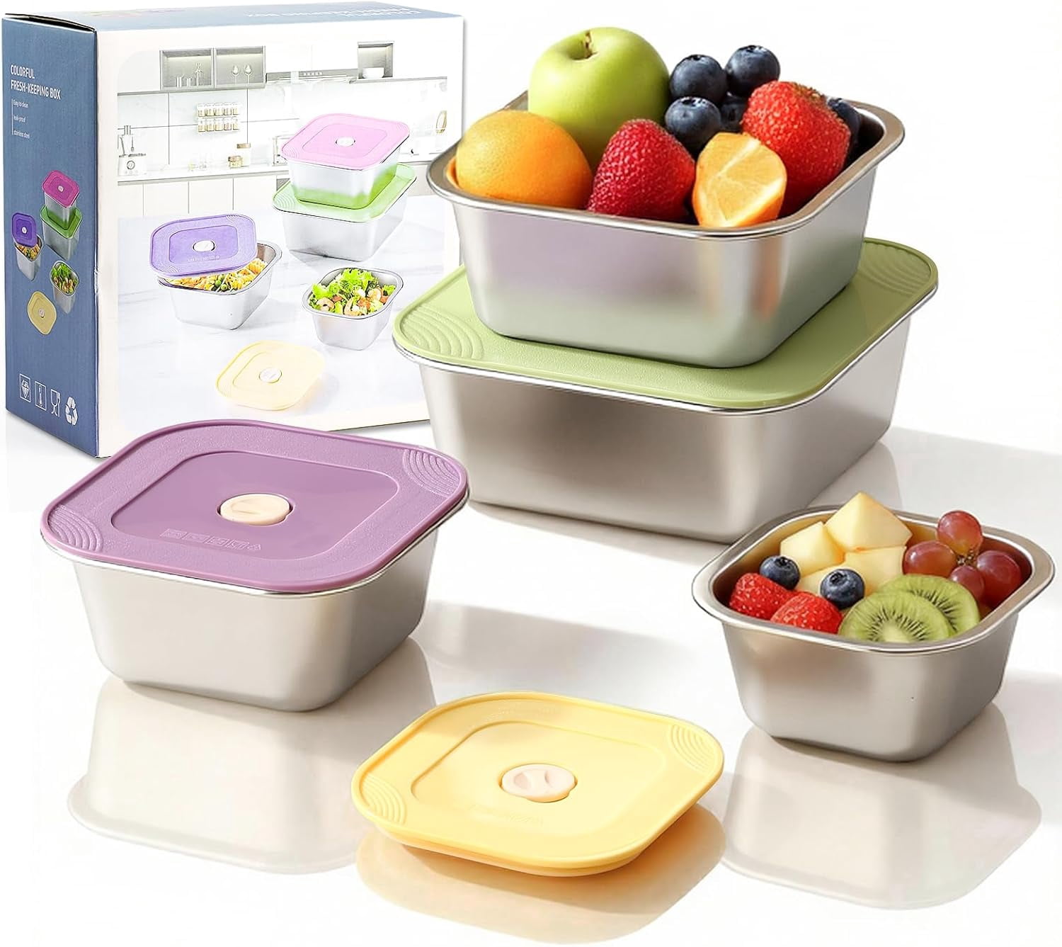 4-Piece Stainless Steel Snack & Lunch Box with Lids Set, Stackable ...