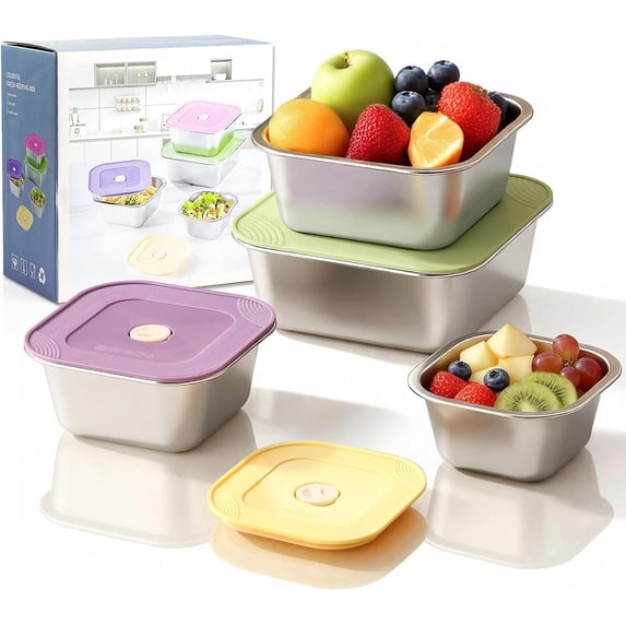 4-Piece Stainless Steel Snack & Lunch Box with Lids Set, Stackable ...