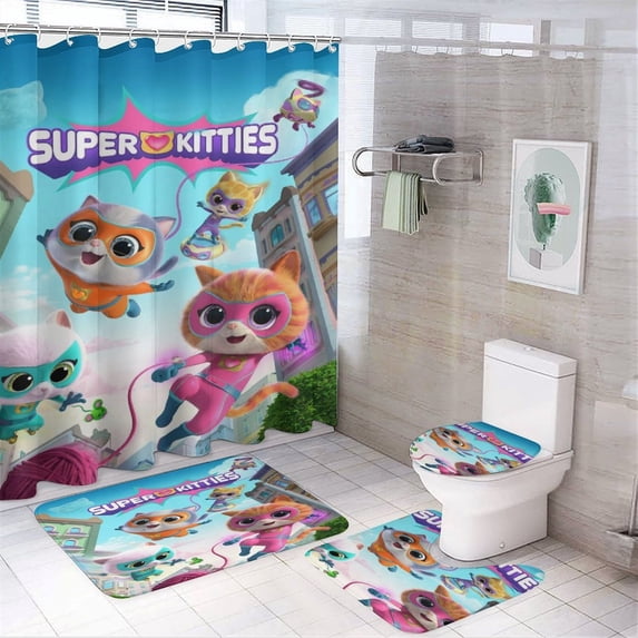 4 Piece Super Anime Kitty Shower Curtain Sets with Rugs, Toilet Lid ...