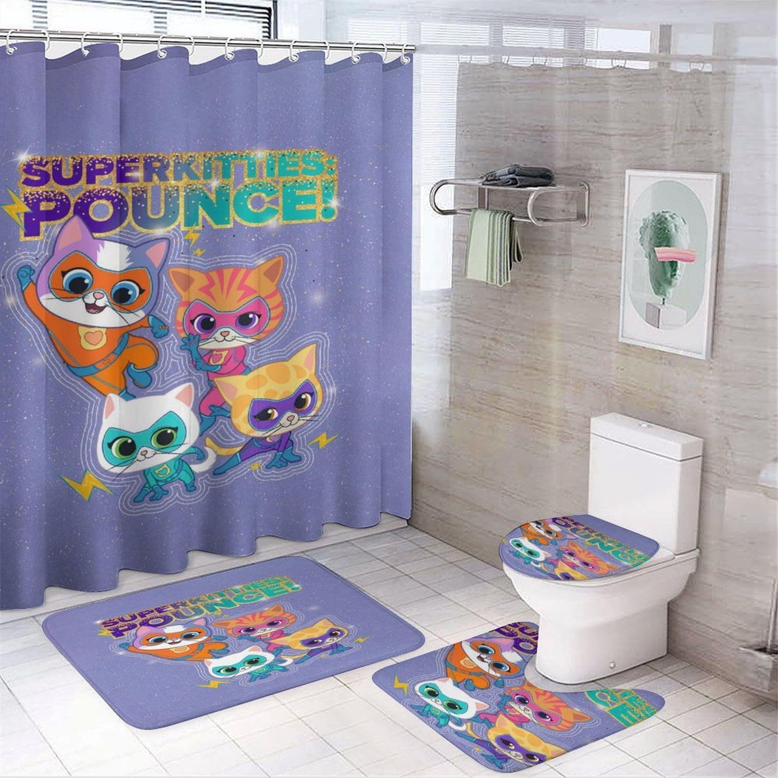 4 Piece Super Anime Kitty Shower Curtain Sets with Rugs, Toilet Lid ...