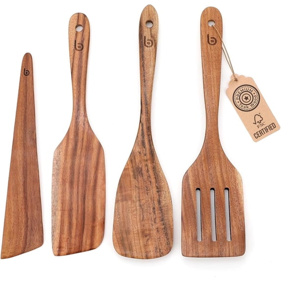 4-Piece Teak Wood Spurtle Utensil Set – Premium Natural Wooden Cooking ...