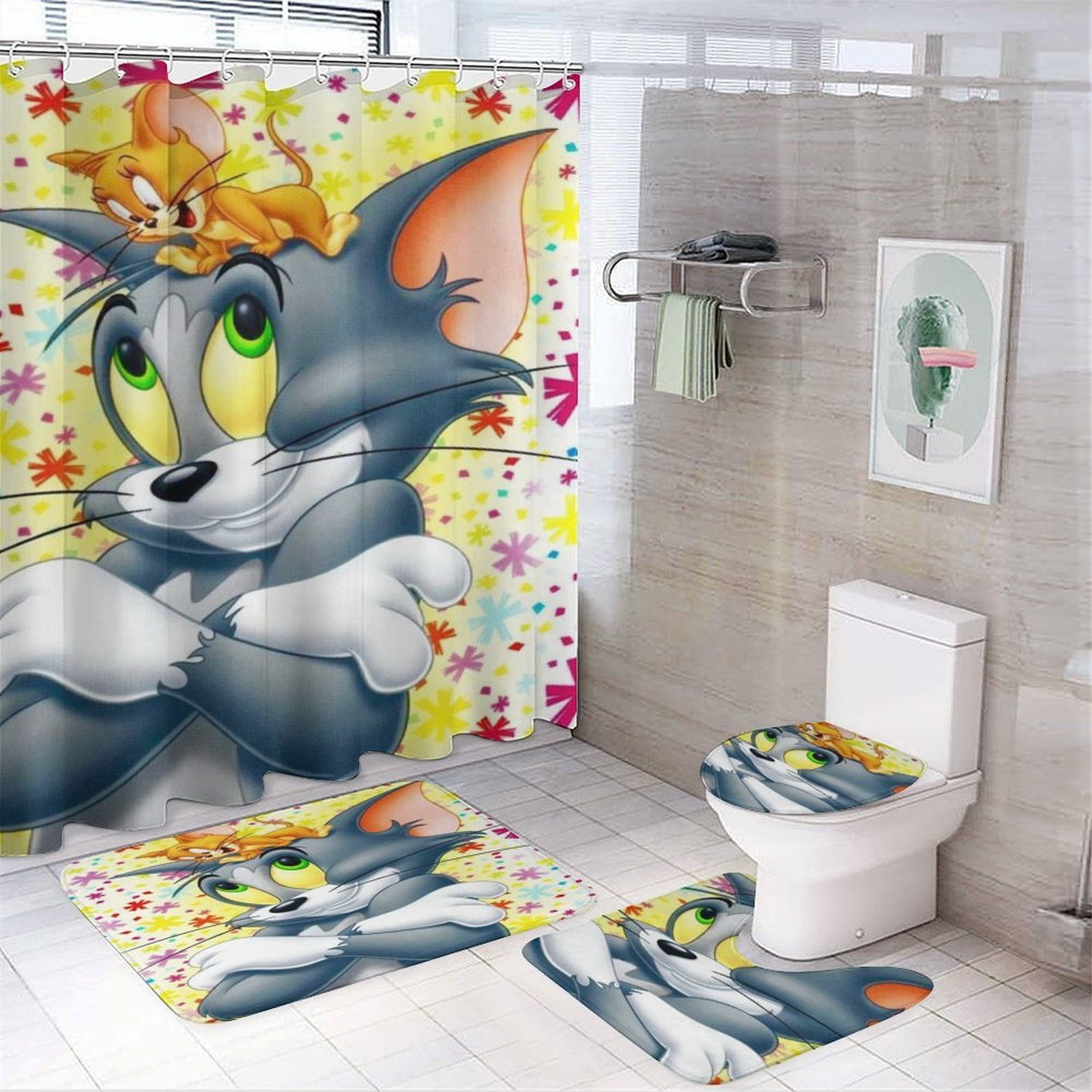 4 Piece Tom Cat Jerly Shower Curtain Sets with Rugs, Toilet Lid Cover ...