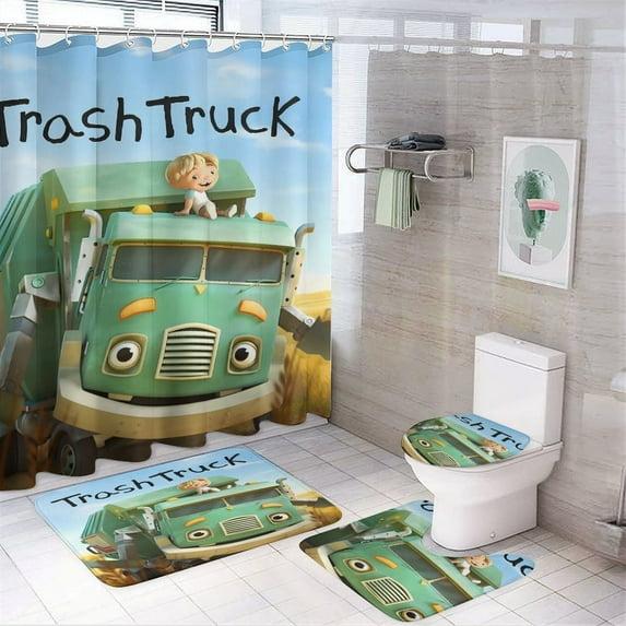 4 Piece Trash Green Truck Shower Curtain Sets with Rugs, Toilet Lid ...