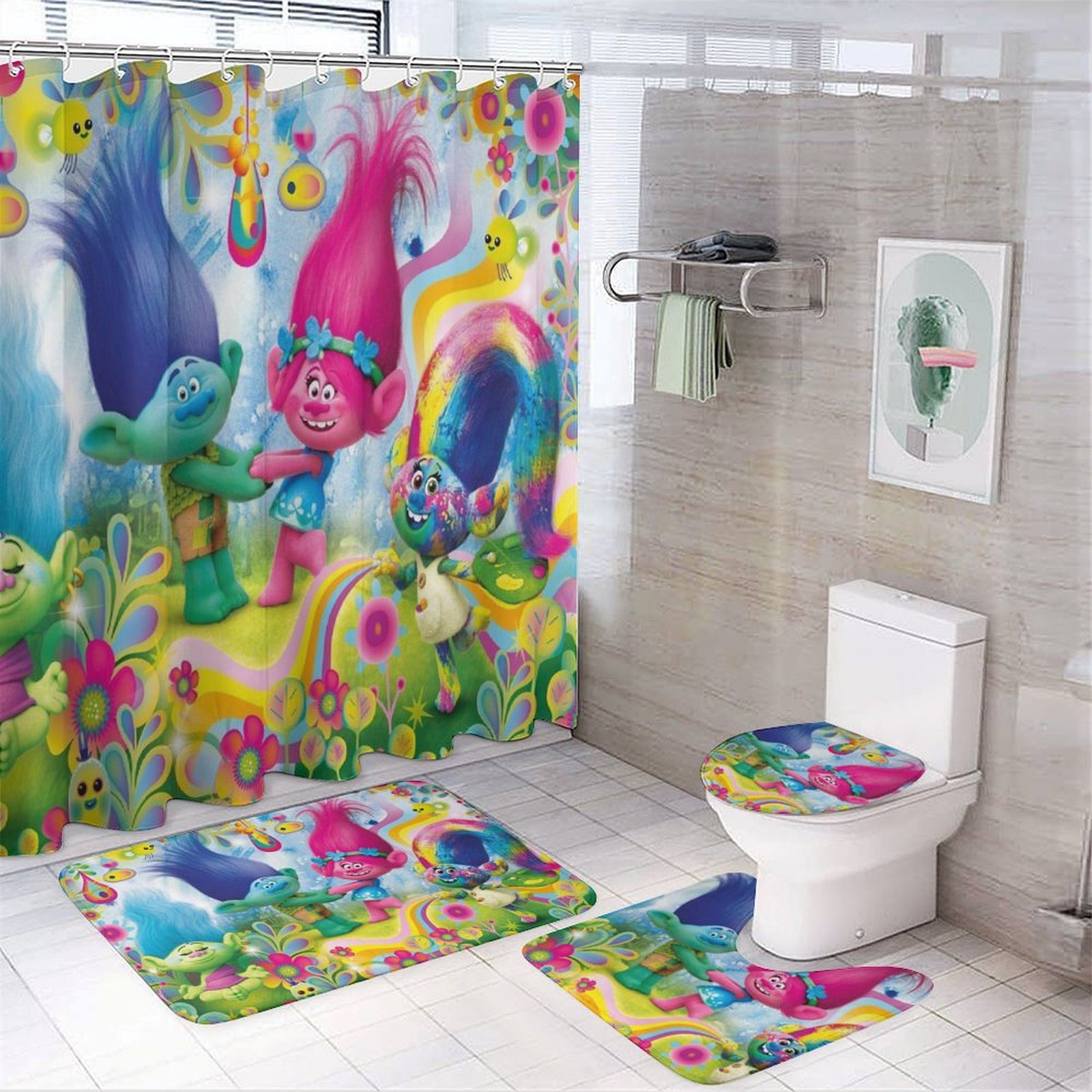 4 Piece TRo-lls World Shower Curtain Sets, with 12 Hooks Non-Slip Rugs ...