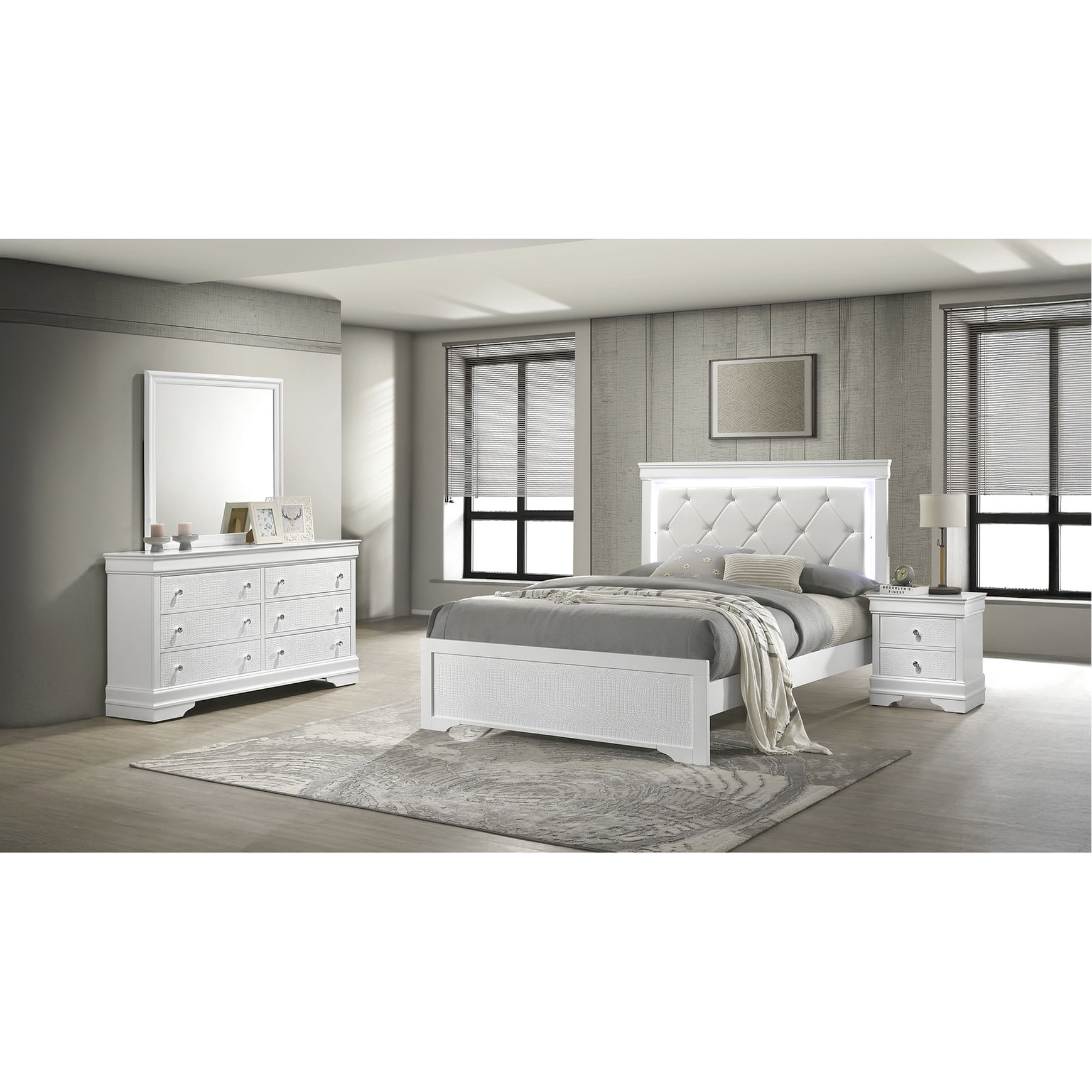 4 Piece Twin Bedroom Set in White with Matching Textured Surfaces ...
