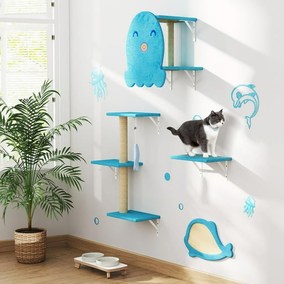 4-Piece Wall-Mounted Cat Tree Set – Sturdy Wood Pet House, Scratching ...