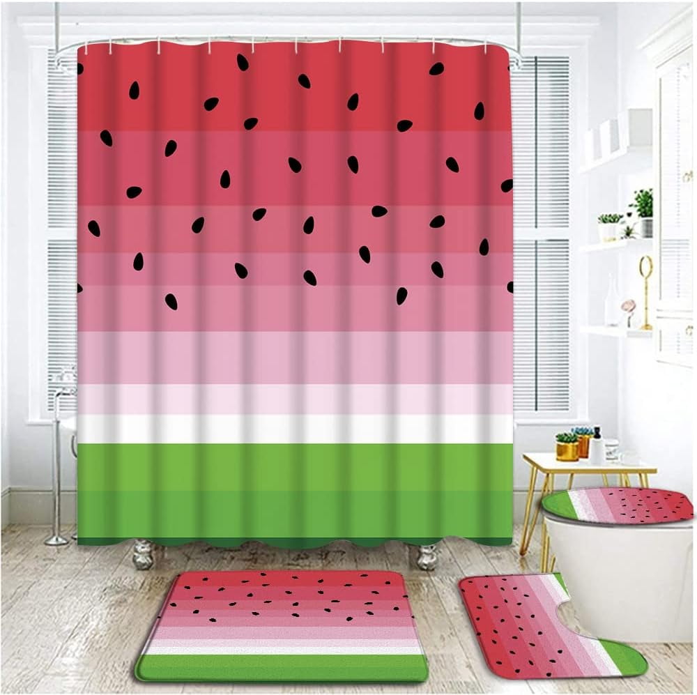 4 Piece Watermelon Shower Curtain Sets with Rugs, Toilet Lid Cover ...