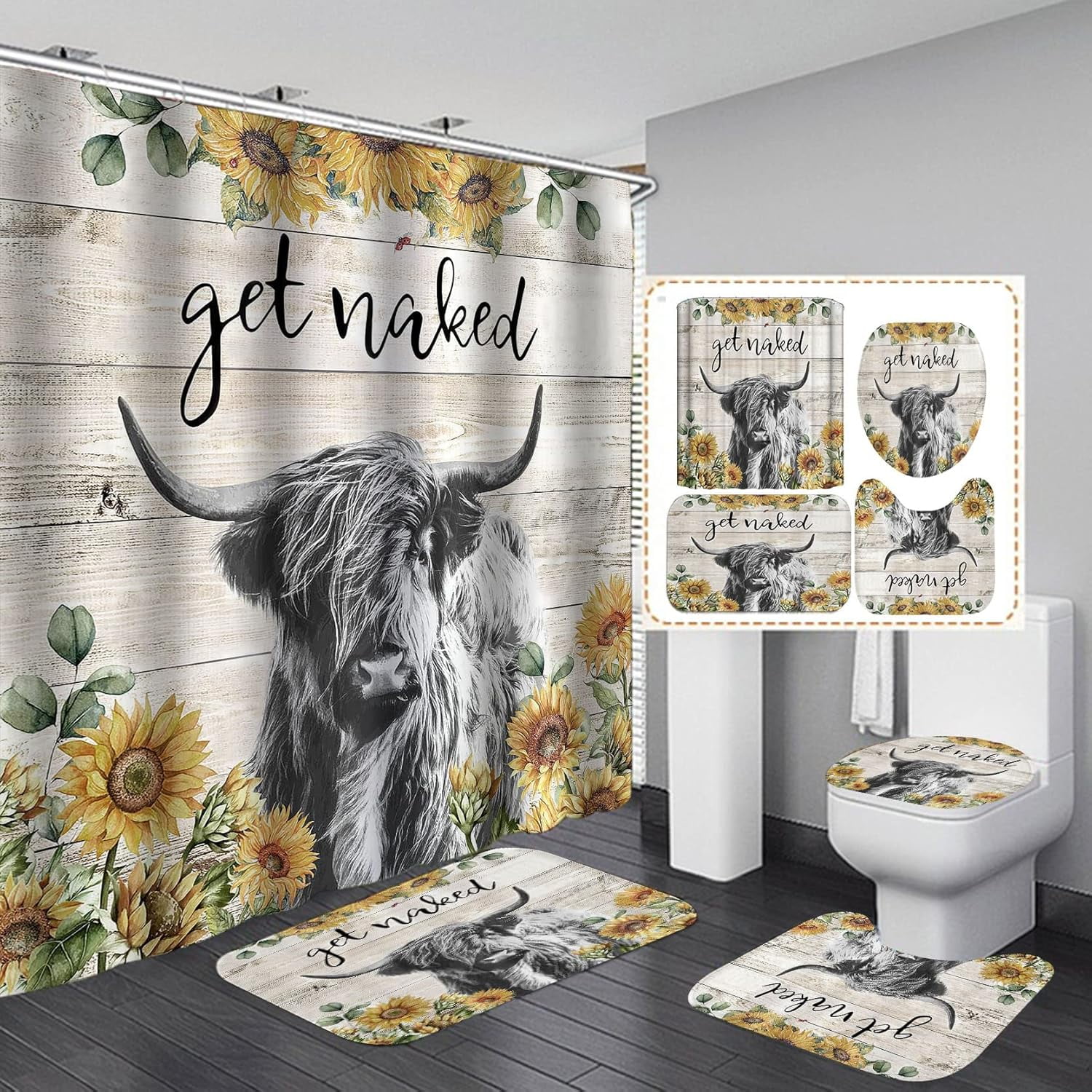 4-Piece Waterproof Shower Curtain Set with Non-Slip Mats & Toilet Cover ...