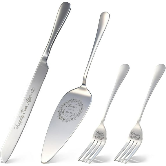 4 Piece Wedding Cake Cutting Set, Knife and Server with Forks, Elegant ...