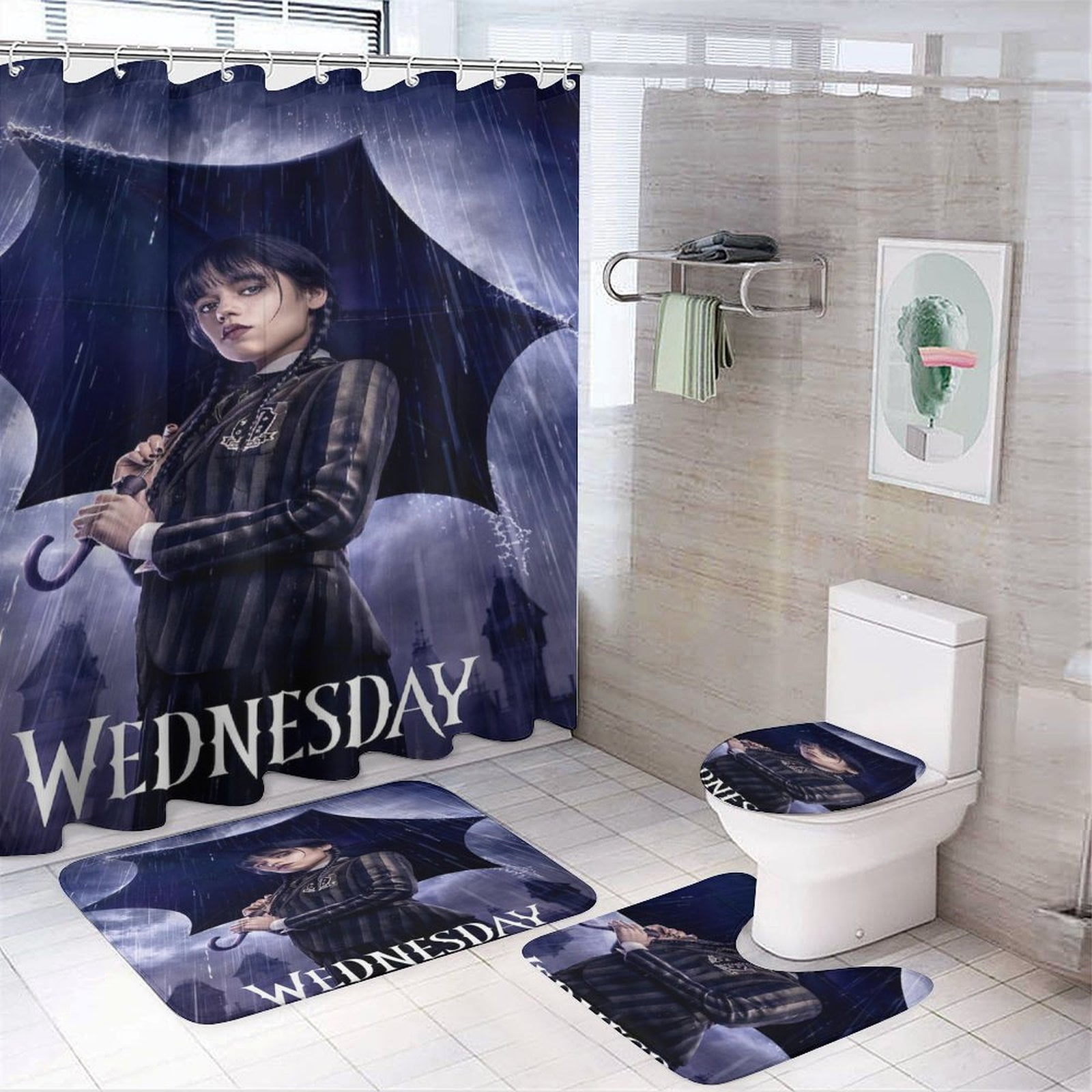 4 Piece Wednesday Addams Shower Curtain Set with Non-Slip Rugs, Toilet ...