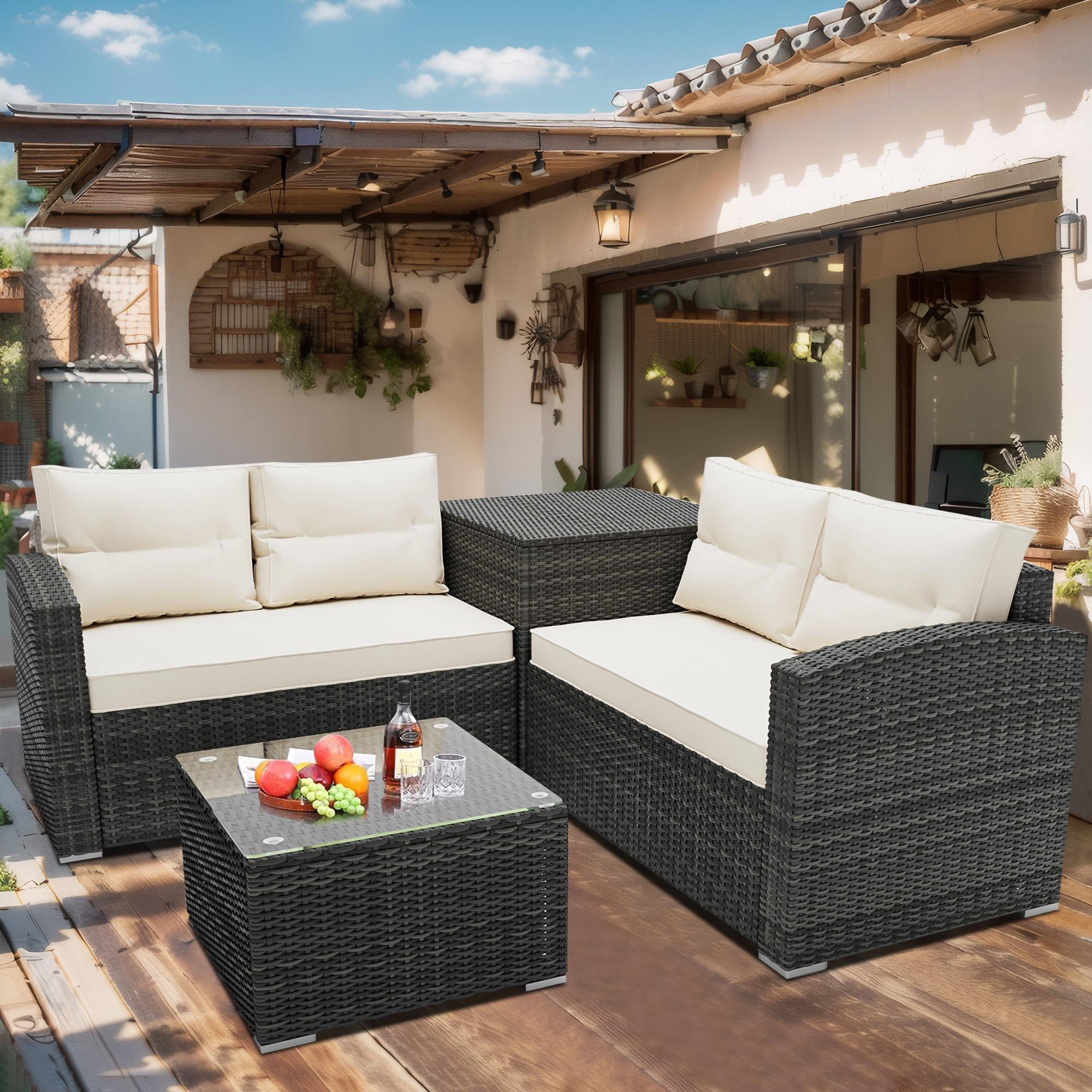 Walmart 4-Piece Patio Sofa Set, Wicker Sectional with Storage Box, for ...