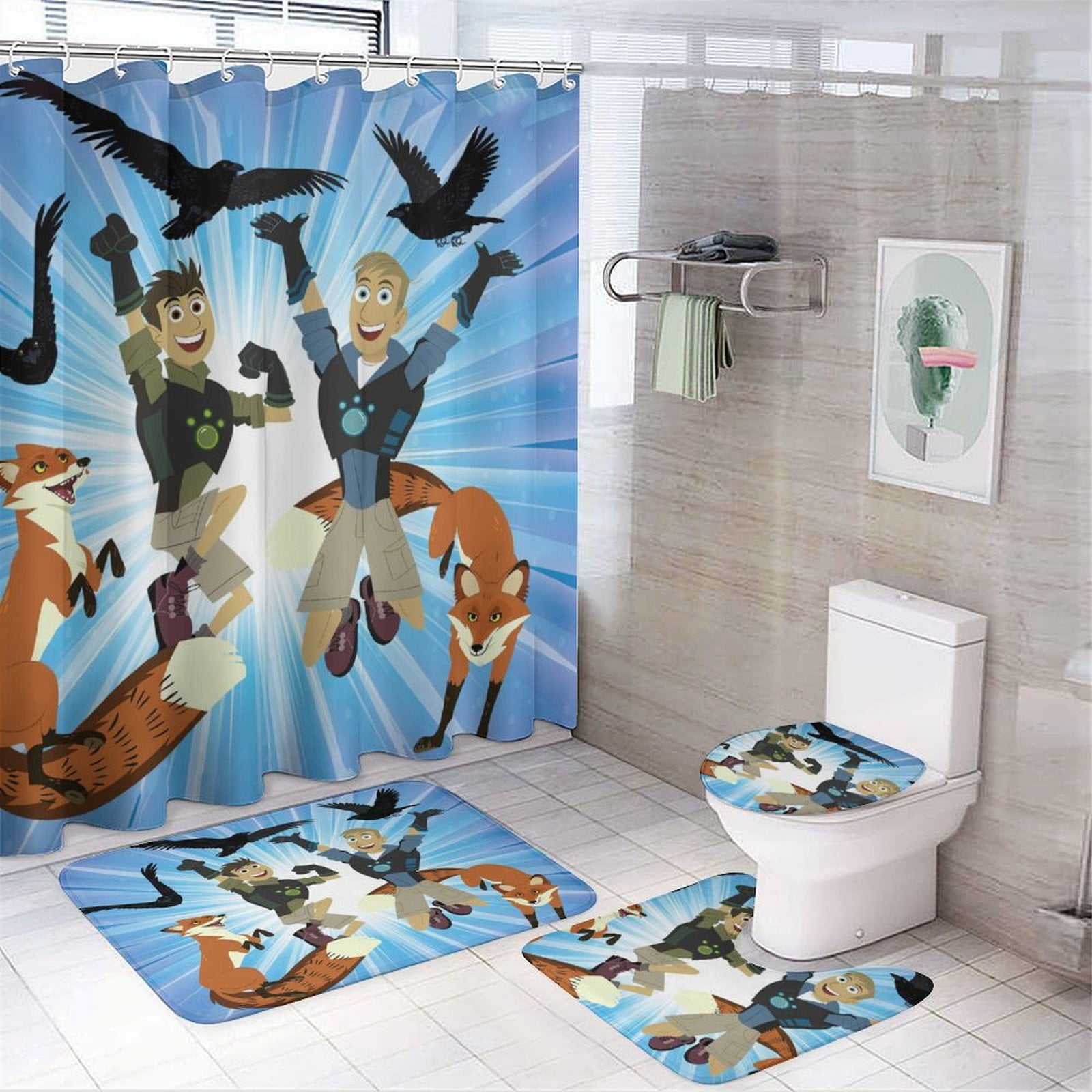 4 Piece Wild Animal Kra-,tt2 Shower Curtain Sets with Rugs, Toilet Lid ...