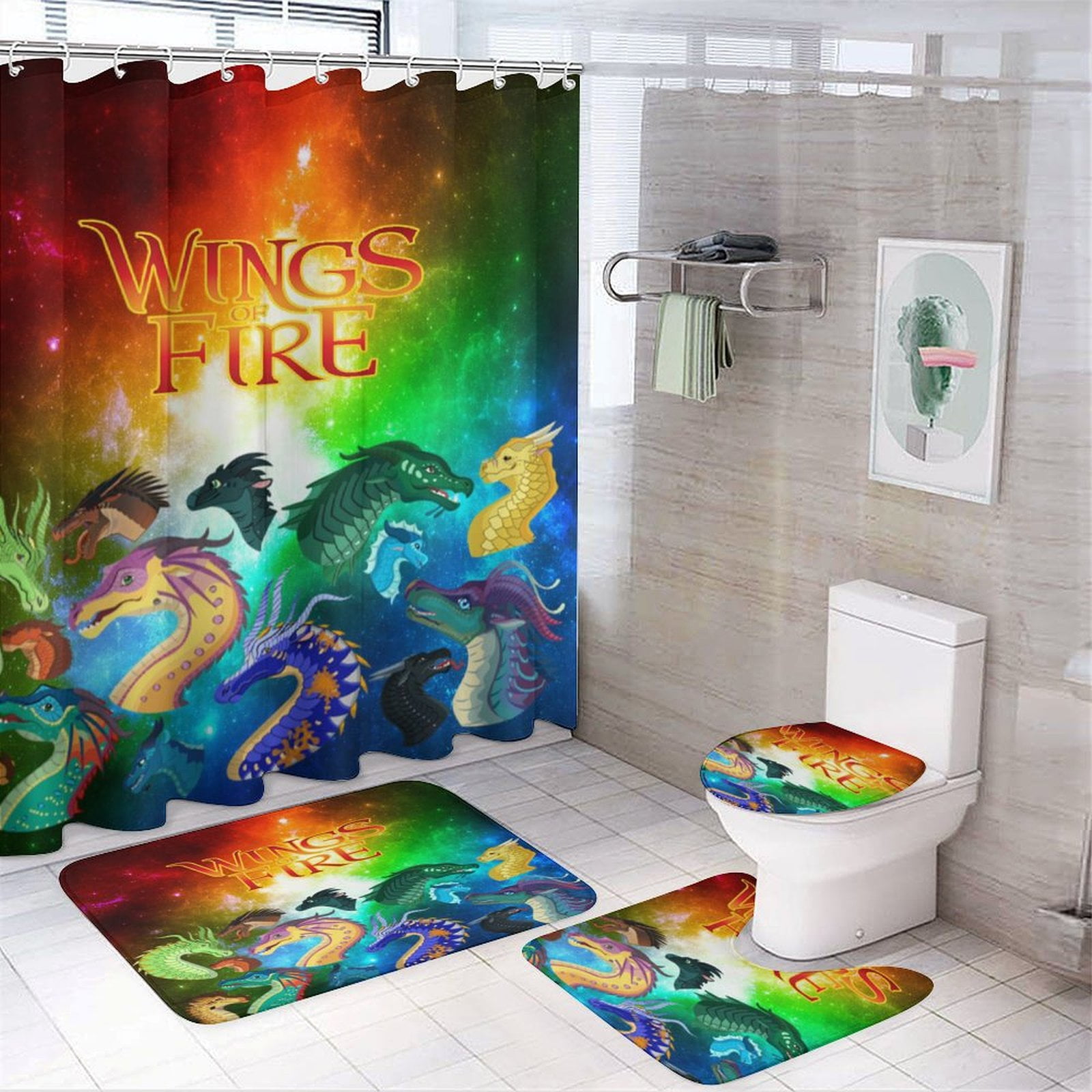 4 Piece Wings Dragon Fire Shower Curtain Sets, with 12 Hooks Non-Slip ...