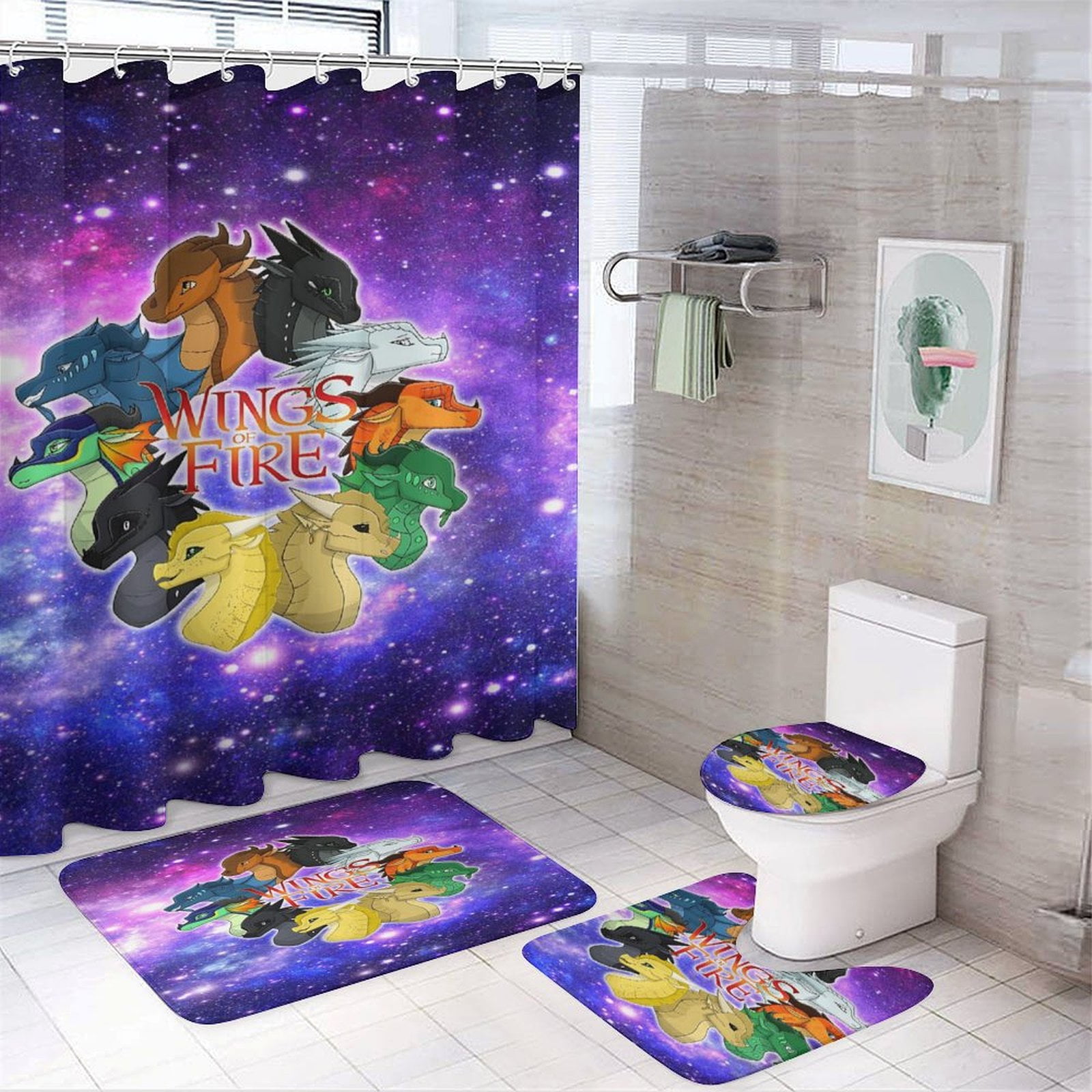 4 Piece Wings Dragon Fire Shower Curtain Sets, with 12 Hooks Non-Slip ...