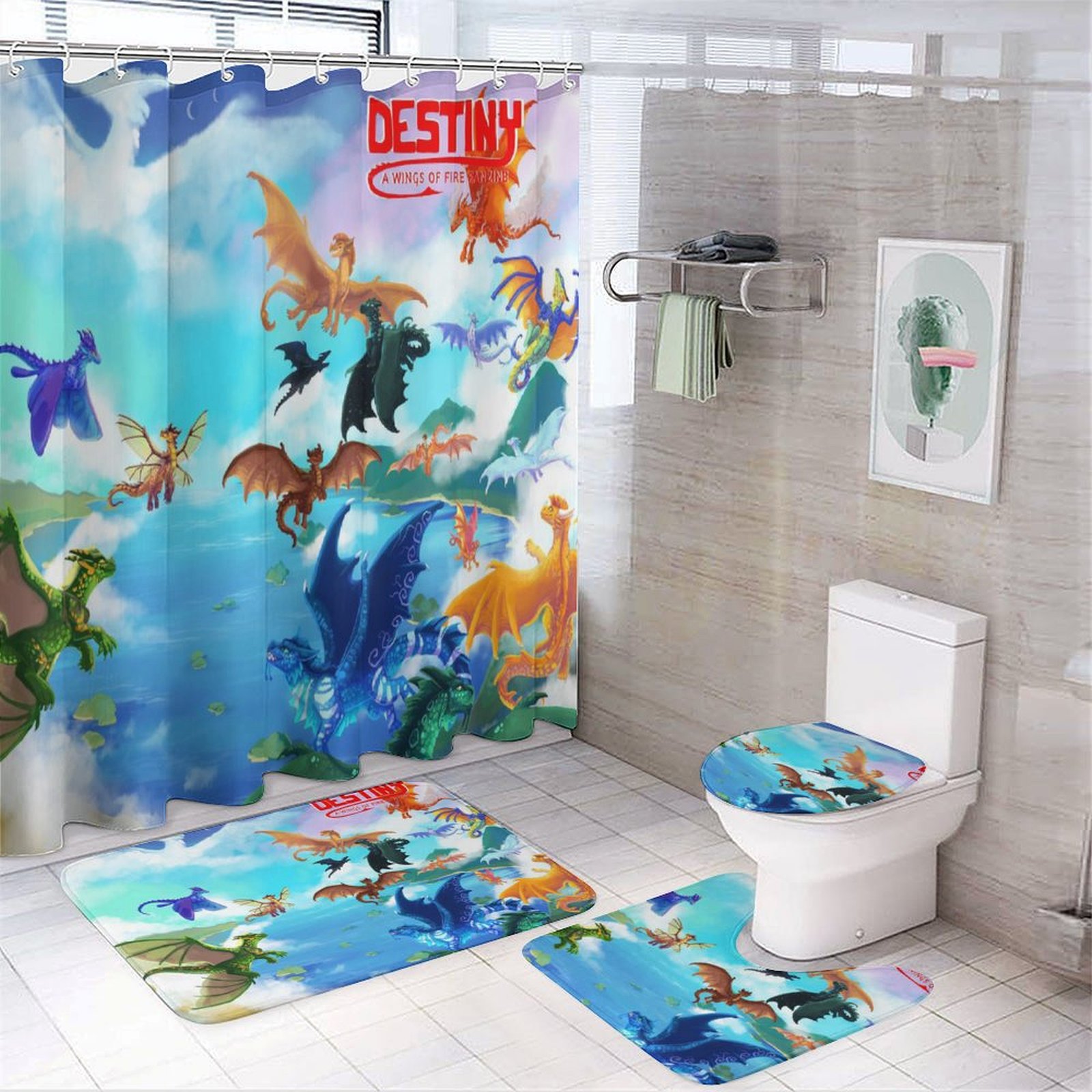 4 Piece Wings Of Fire Shower Curtain Set with Non-Slip Rugs, Toilet Lid ...