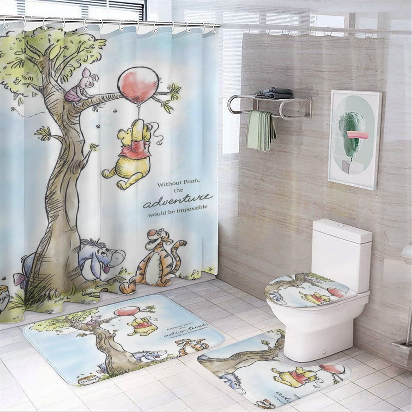 4 Piece Winnie The Poo Shower Curtain Set with Non-Slip Rug, Toilet Lid ...