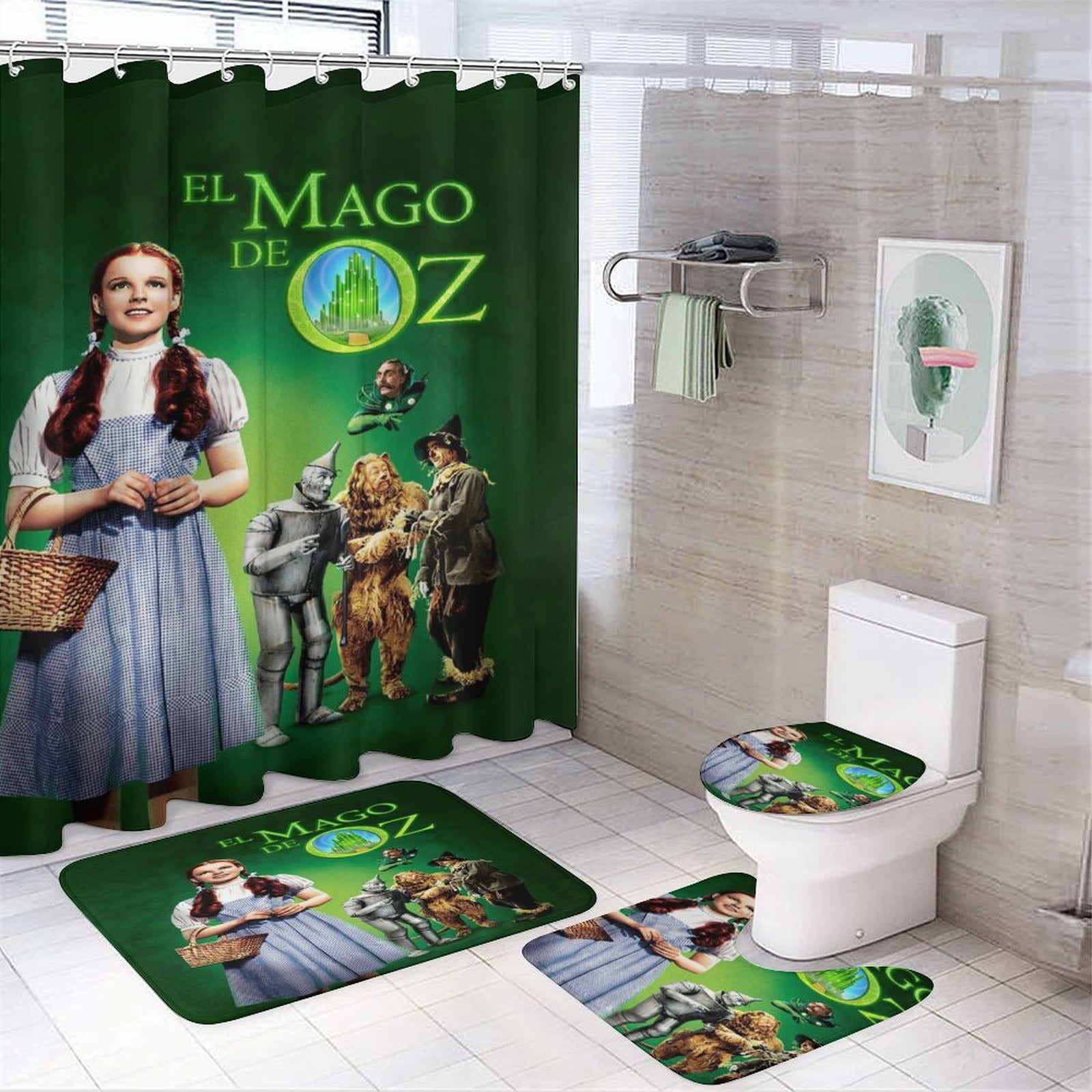4 Piece Wizard of O Shower Curtain Set with Non-Slip Rug, Toilet Lid ...