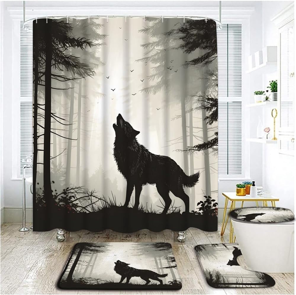 4 Piece Wolf Silhouette Shower Curtain Sets with Rugs, Toilet Lid Cover ...