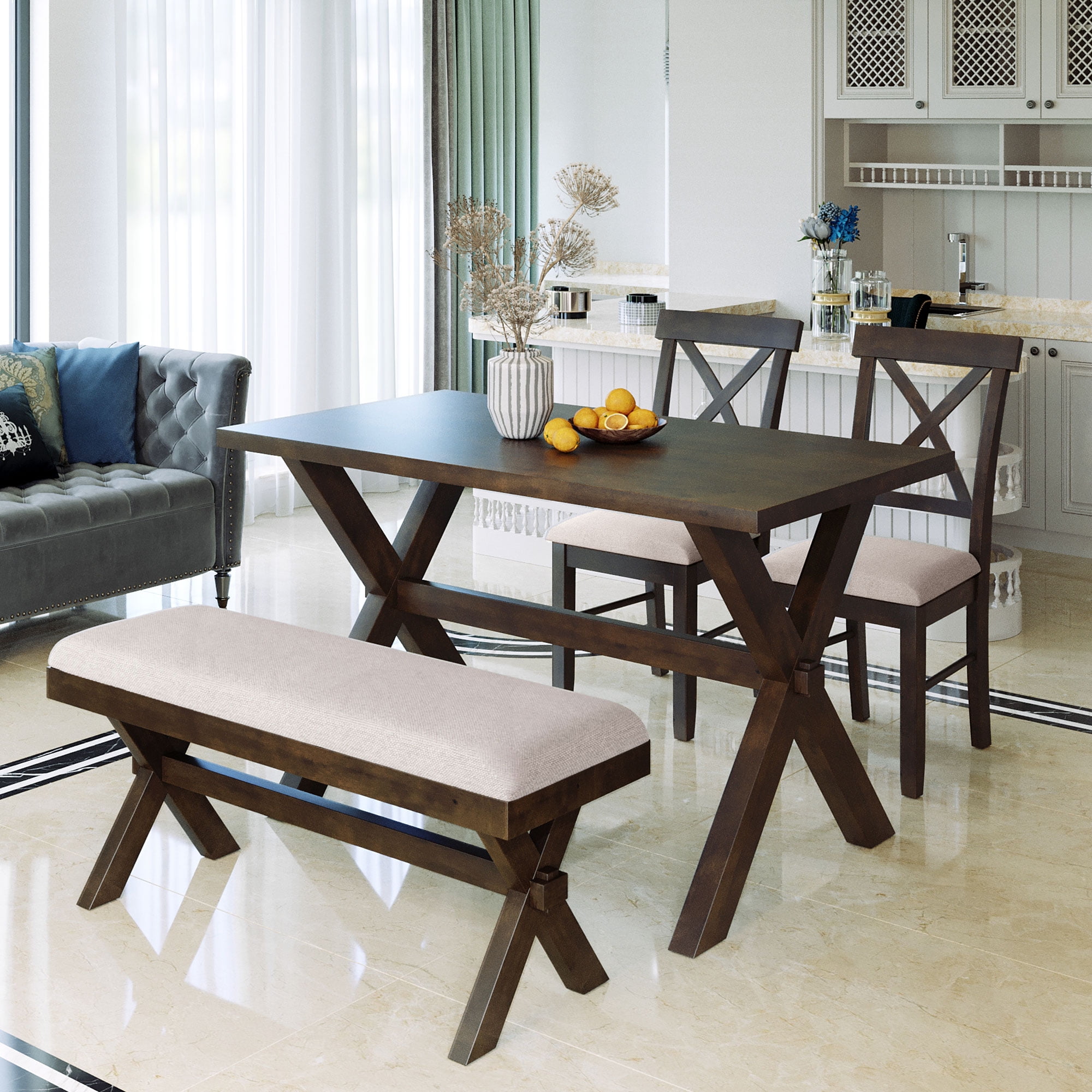 4 Piece Wood Dining Table Set, 1 Rectangle Dining Table, 2 X-Back ...