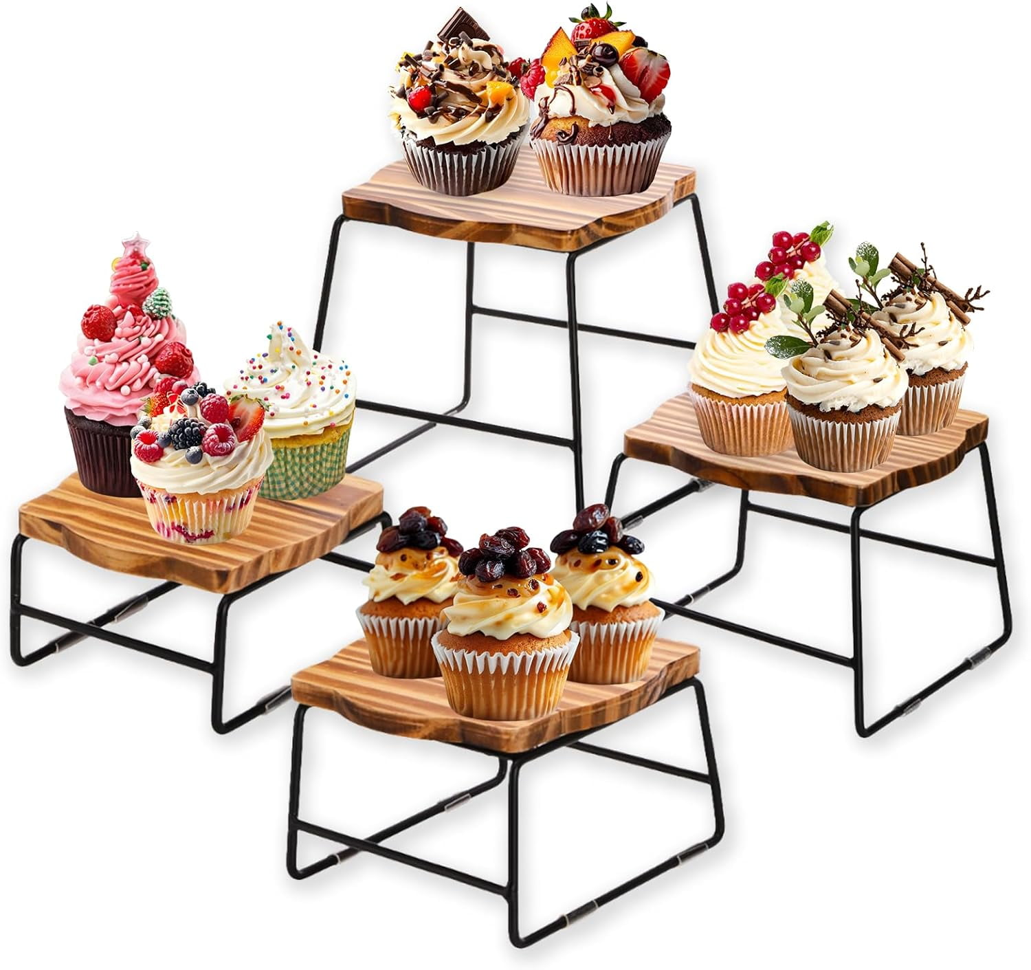 4-Piece Wooden Display Stand Set - Nesting Buffet Risers for Desserts ...