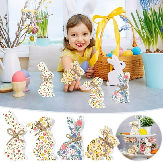 4 Piece Wooden Easter Bunny Decor Set Standalone Bunny Shape Wooden ...