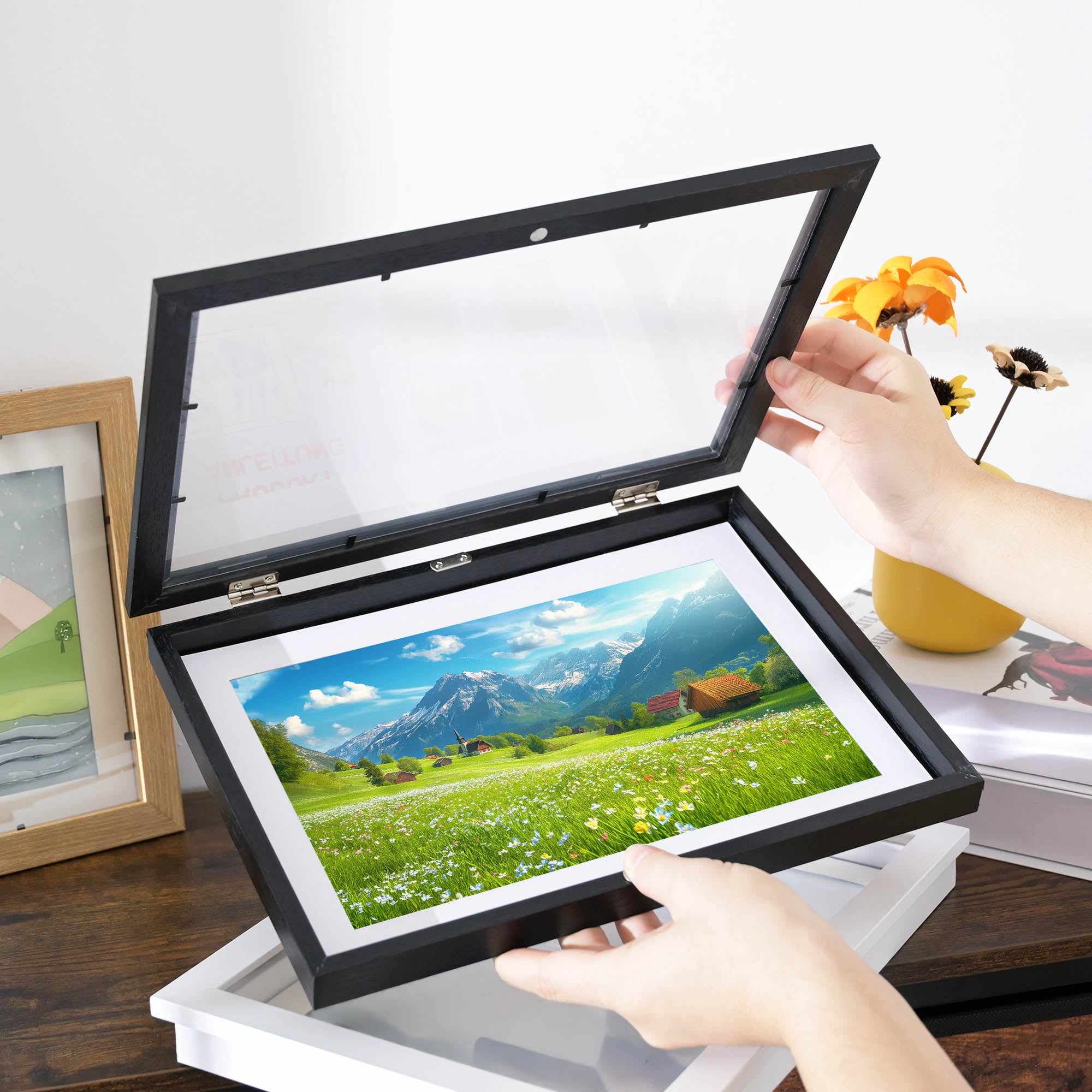 4-Piece Wooden Front-Opening Magnetic Photo Frames, Black Wall-Mount ...