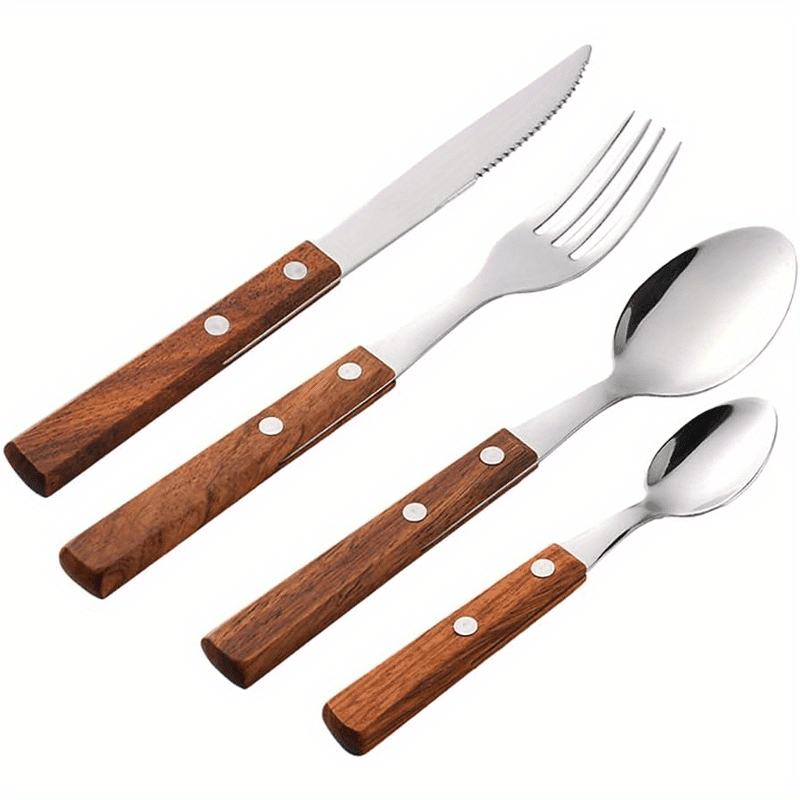 4-Piece Wooden Handle Silverware Set, Complete Individual Flatware Set ...