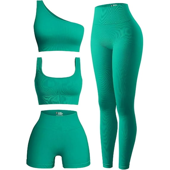 4 Piece Workout Sets For Women Ribbed Leggings Clothes Yoga Sets Active ...