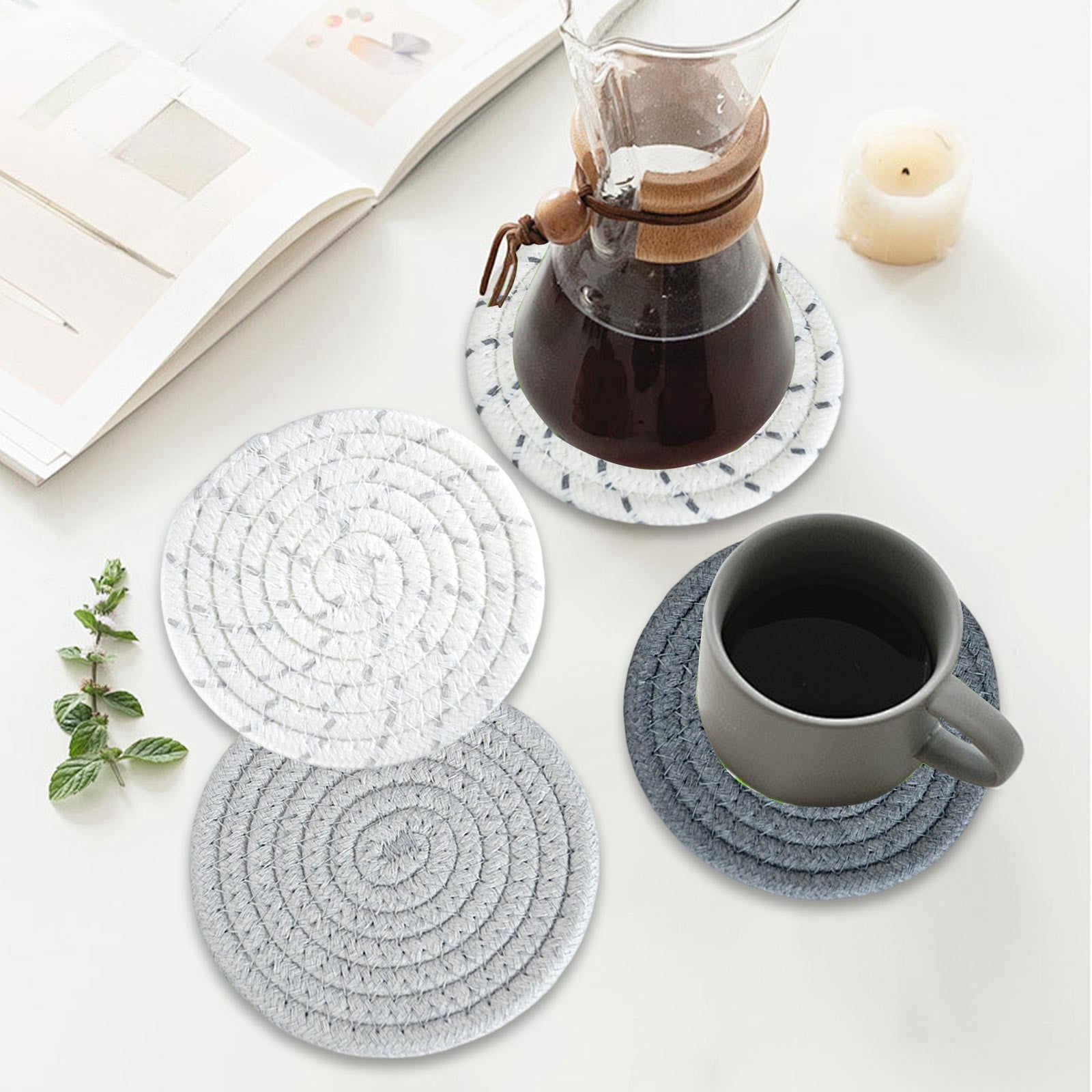 4 Piece Woven Round Coaster, Heat Insulation Mat, Table Placemat, Anti ...
