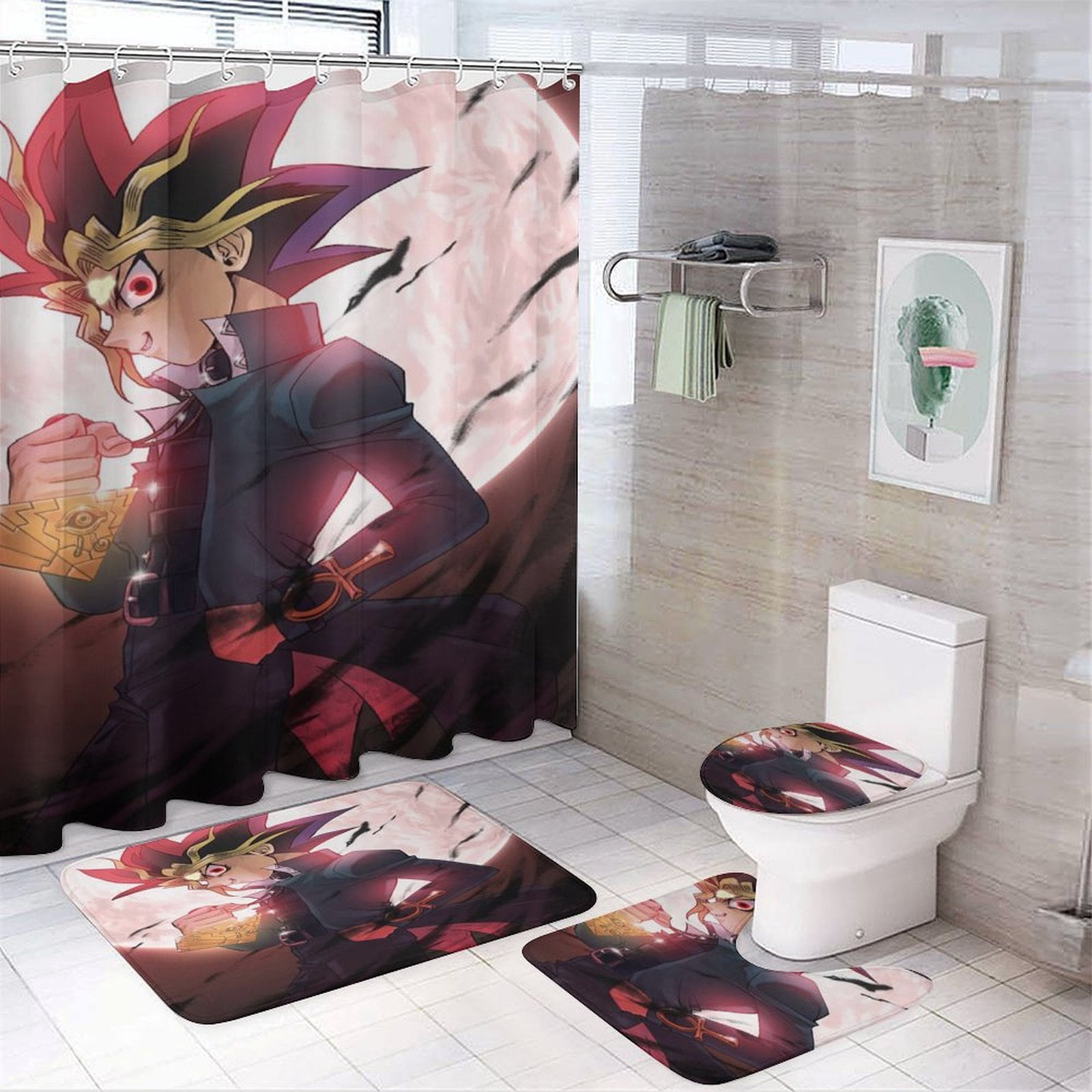 4 Piece Yu Card Gi 0h Shower Curtain Sets with Rugs, Toilet Lid Cover ...