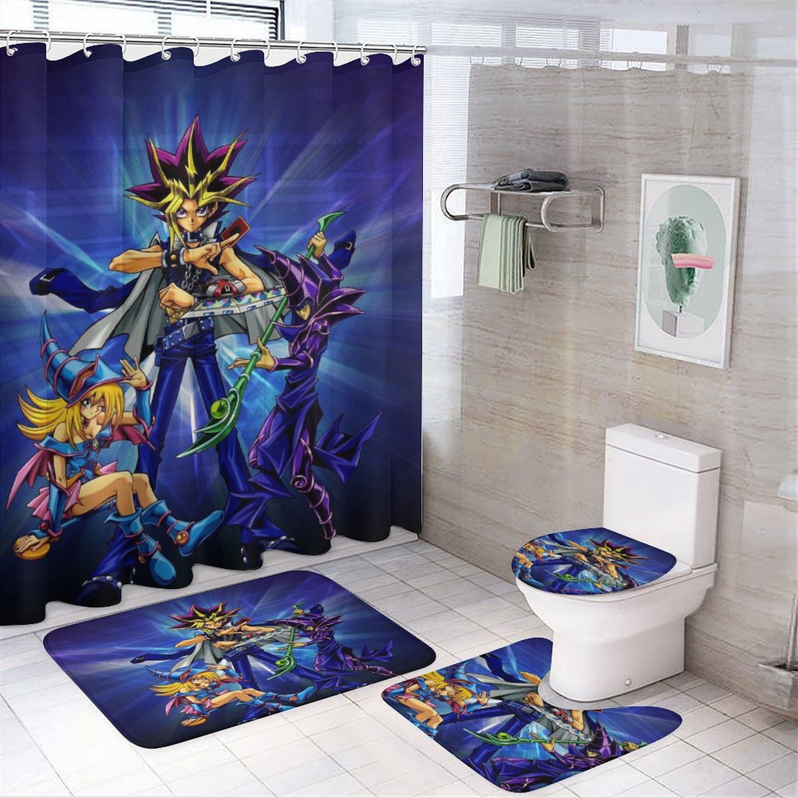 4 Piece Yu Gi Oh Shower Curtain Set with Non-Slip Rug, Toilet Lid Cover ...
