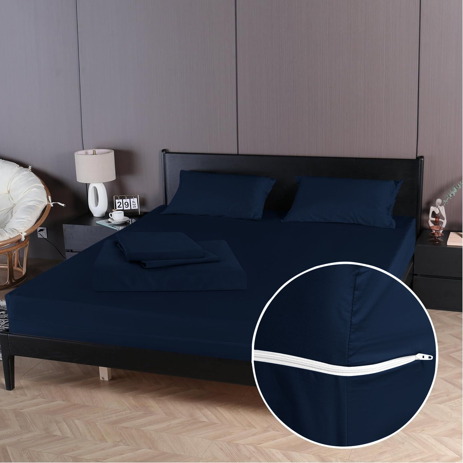 4 Piece Zipper Sheet Set Includes (1 Zipper Fitted Sheet, 1 Flat Sheet And 2 Zipper PillowCase ...