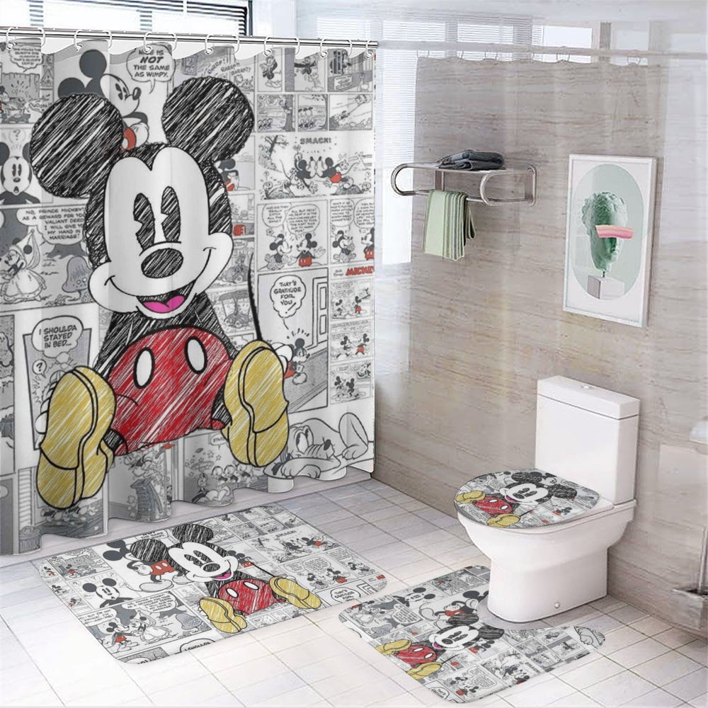 4 Piece mickey mouse Shower Curtain Set with 12 Hooks Minnie mouse ...