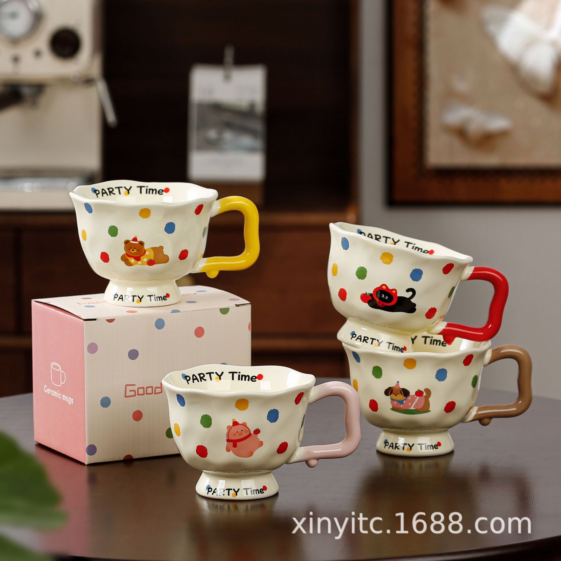 4-Piece set "Tall polka dot ceramic mug, cute pet handle high ...