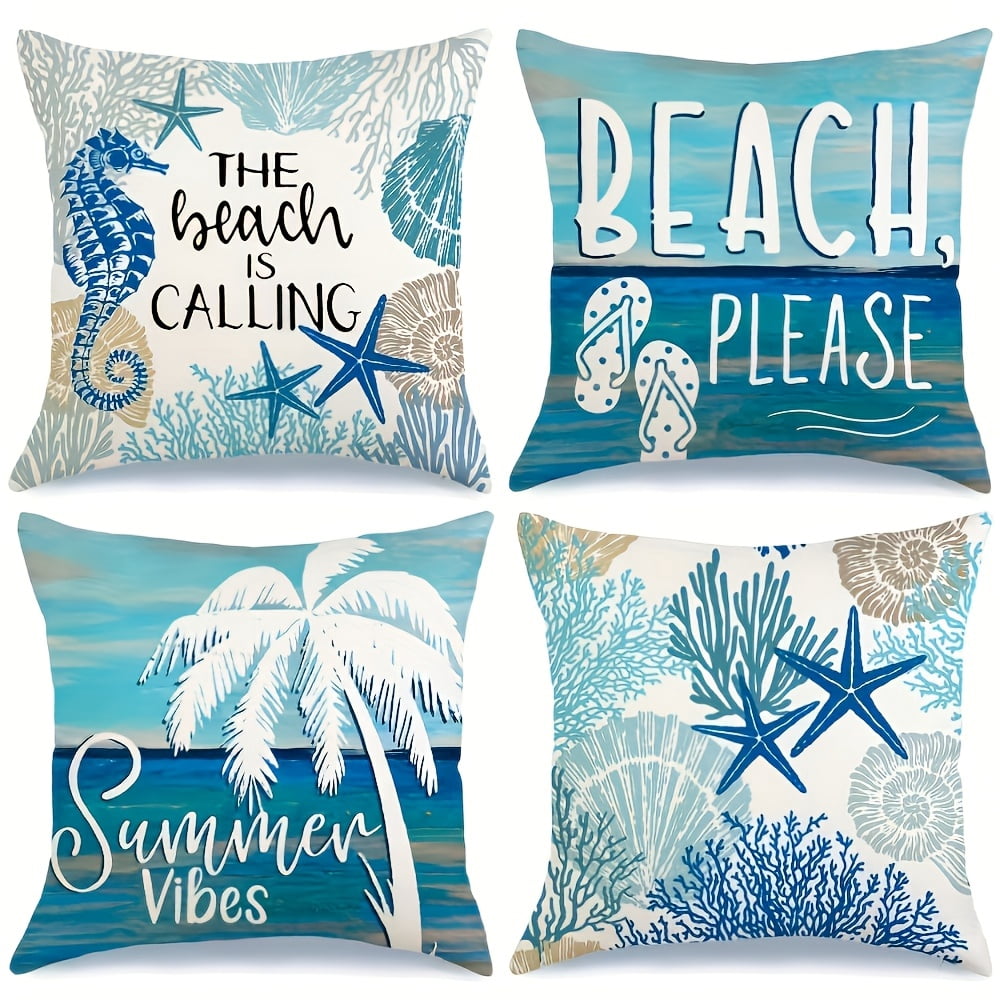 4-Piece summer ocean beach wind pillowcase, marine life shell starfish ...