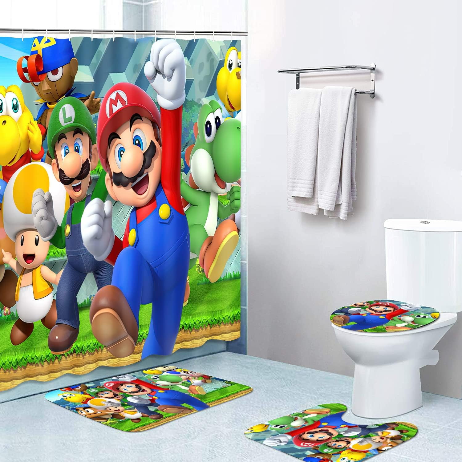 4 Piece super mario Shower Curtain Sets with Non-Slip Rug,Toilet Lid ...