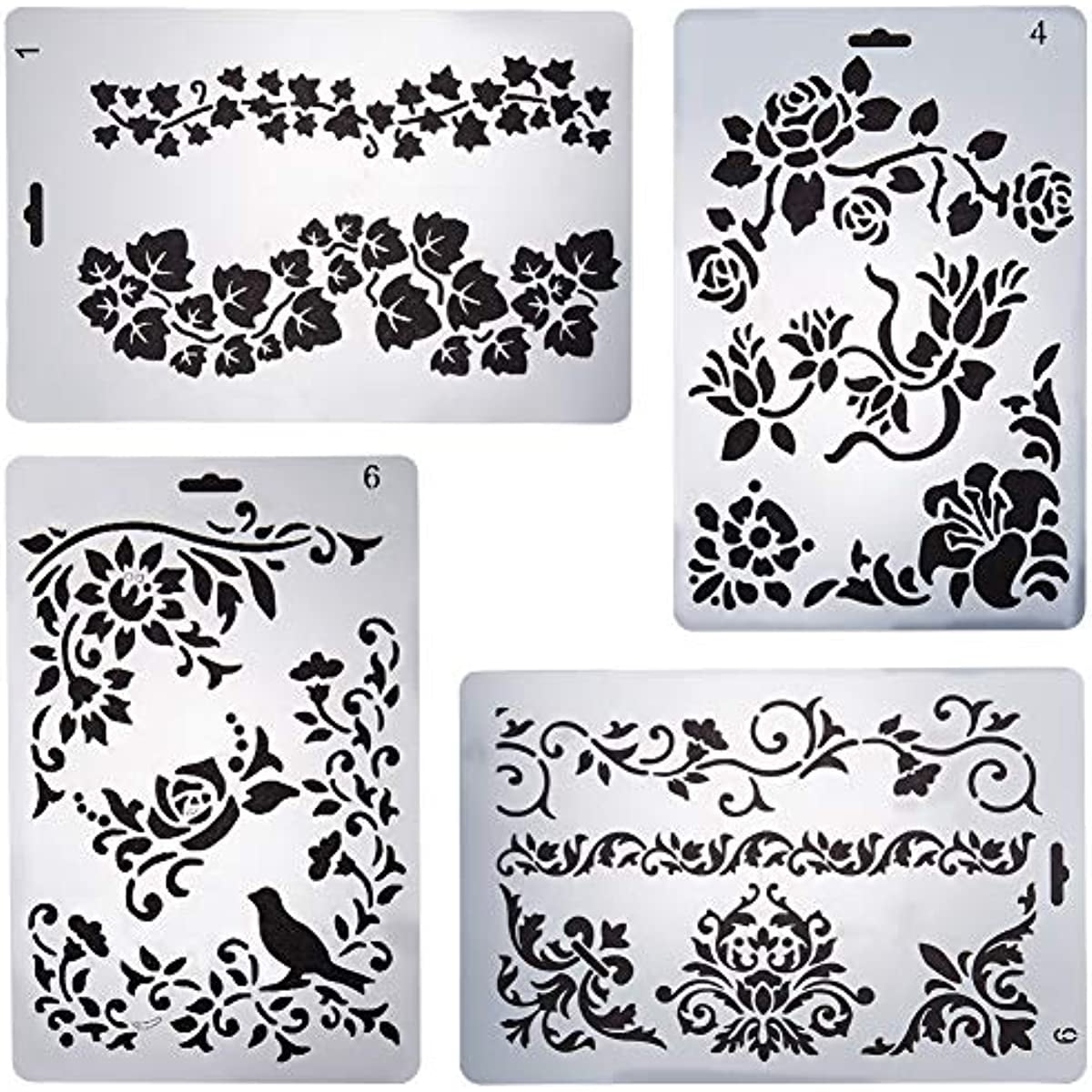 4 Pieces 10x 6.8 Inch Mixed Flower Bird Drawing Stencils Plastic ...